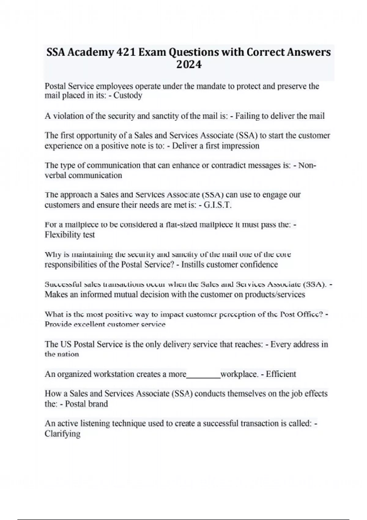 SSA Academy 421 Exam Questions with Correct Answers 2024 - SSA - Stuvia US