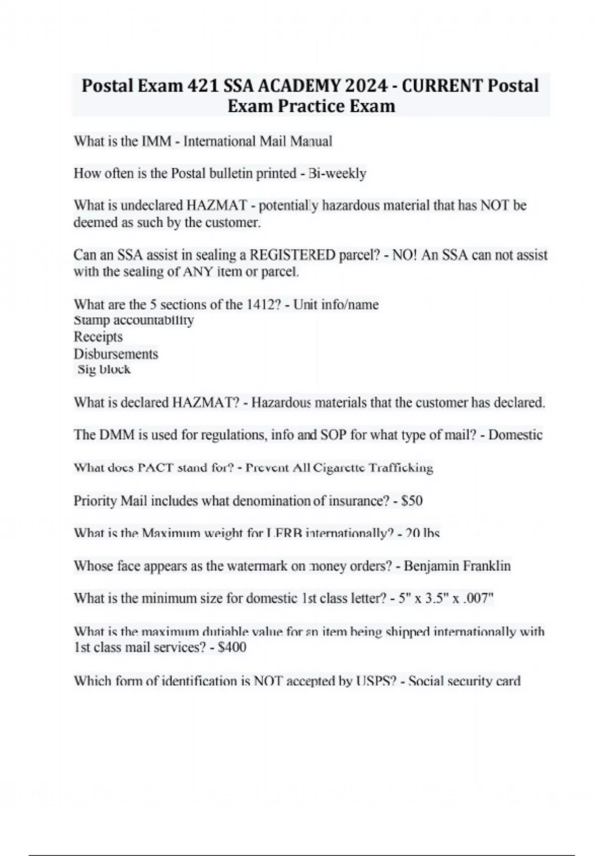 Postal Exam 421 SSA ACADEMY 2024 - CURRENT Postal Exam Practice Exam ...