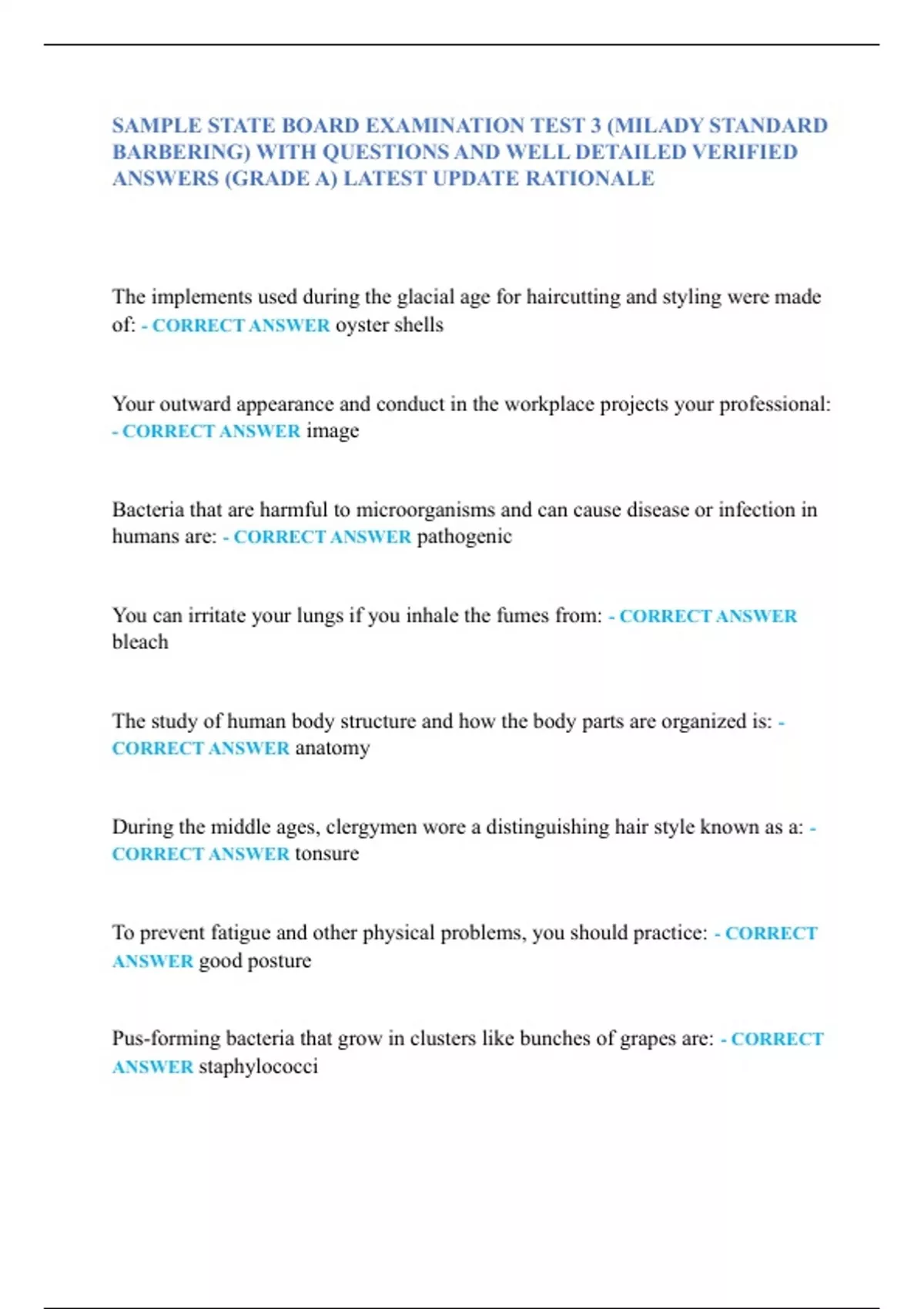 SAMPLE STATE BOARD EXAMINATION TEST 3 (MILADY STANDARD BARBERING) WITH ...