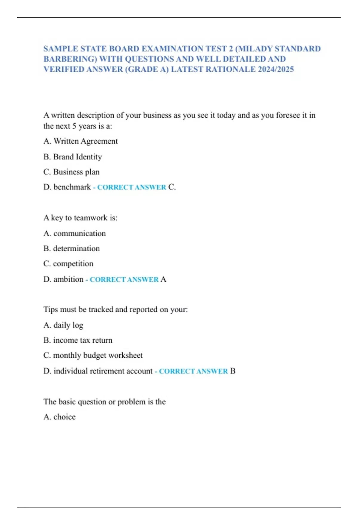 SAMPLE STATE BOARD EXAMINATION TEST 2 (MILADY STANDARD BARBERING) WITH ...