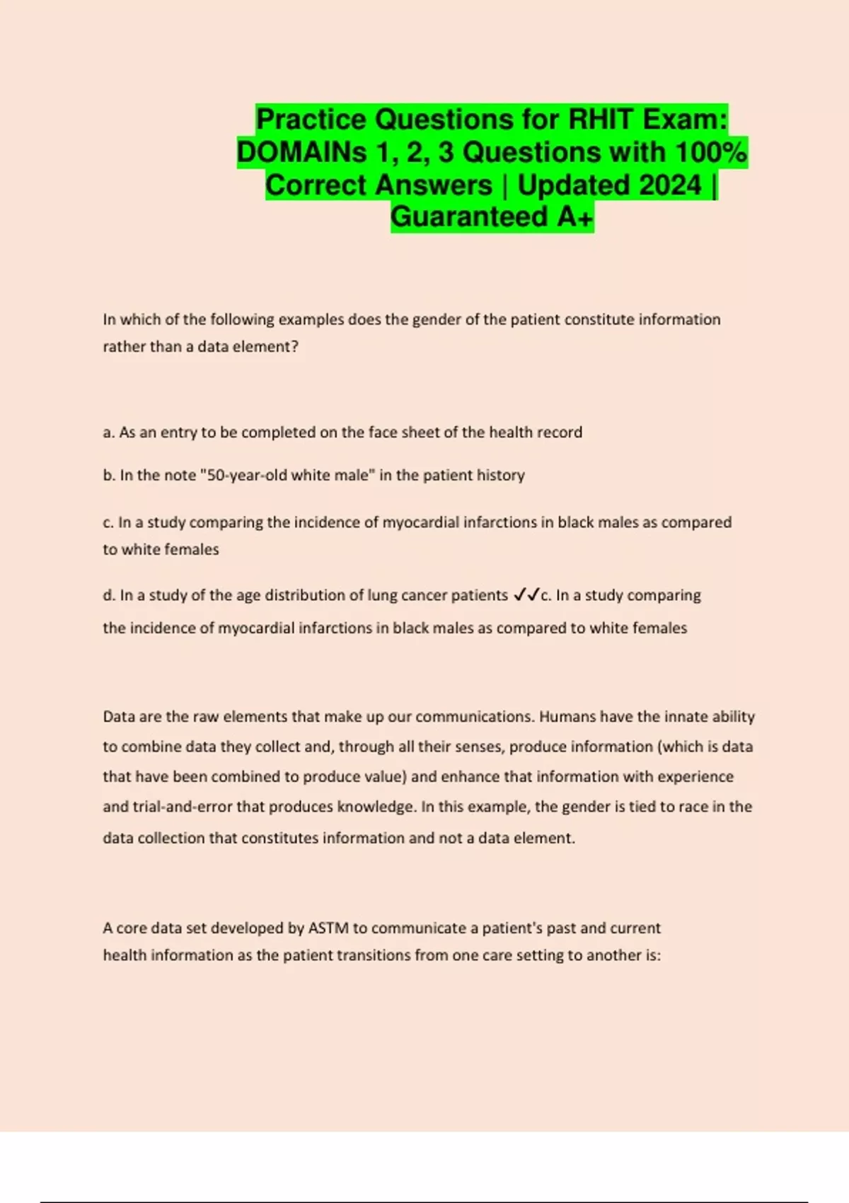 Practice Questions for RHIT Exam: DOMAINs 1, 2, 3 Questions with 100% ...