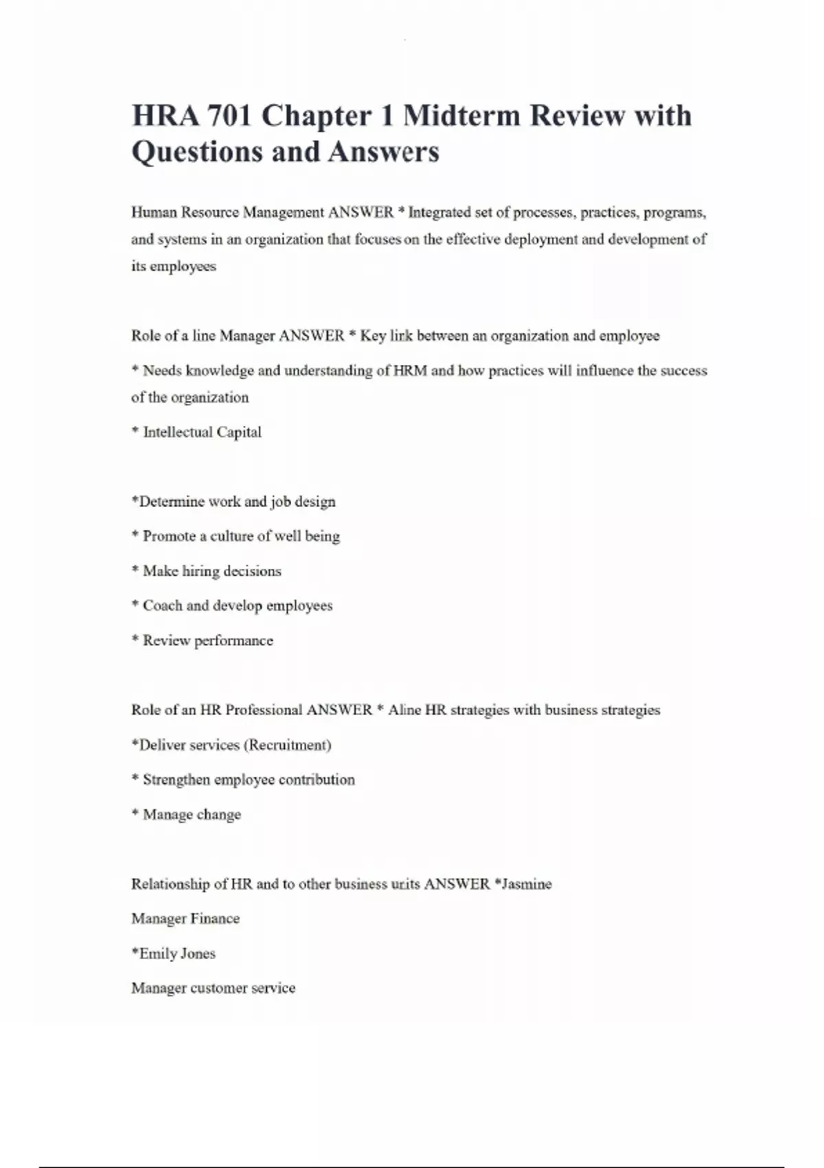 HRA 701 Chapter 1 Midterm Review with Questions and Answers - HRA 701 - Stuvia US