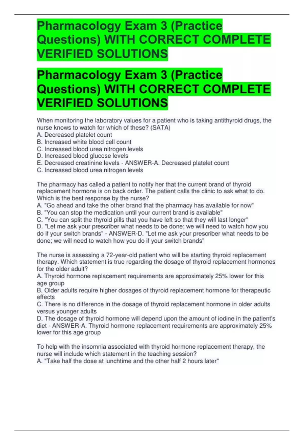 Pharmacology Exam 3 (Practice Questions) WITH CORRECT COMPLETE VERIFIED ...