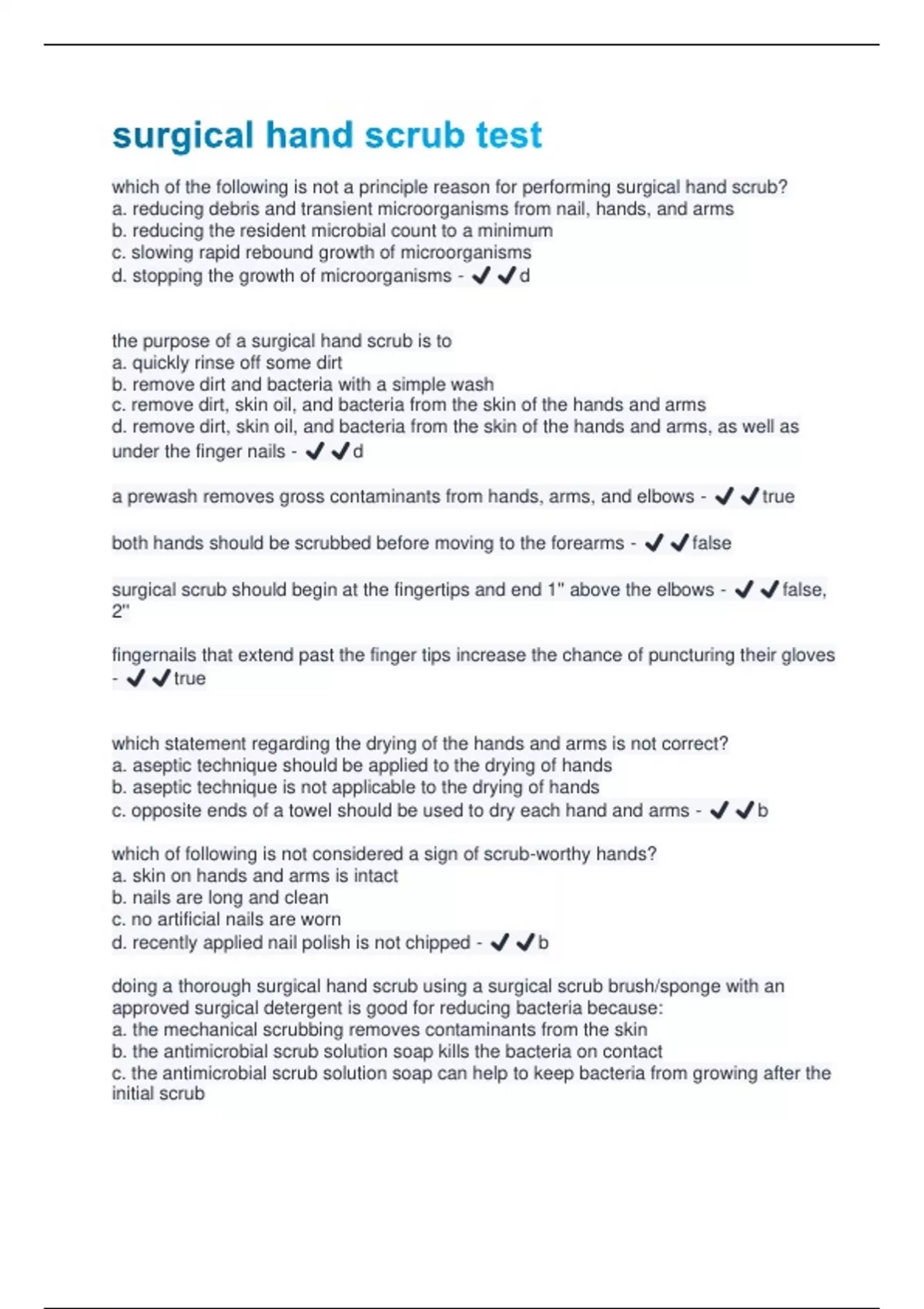 surgical hand scrub test (Questions + Answers) Solved - Surgical hand ...