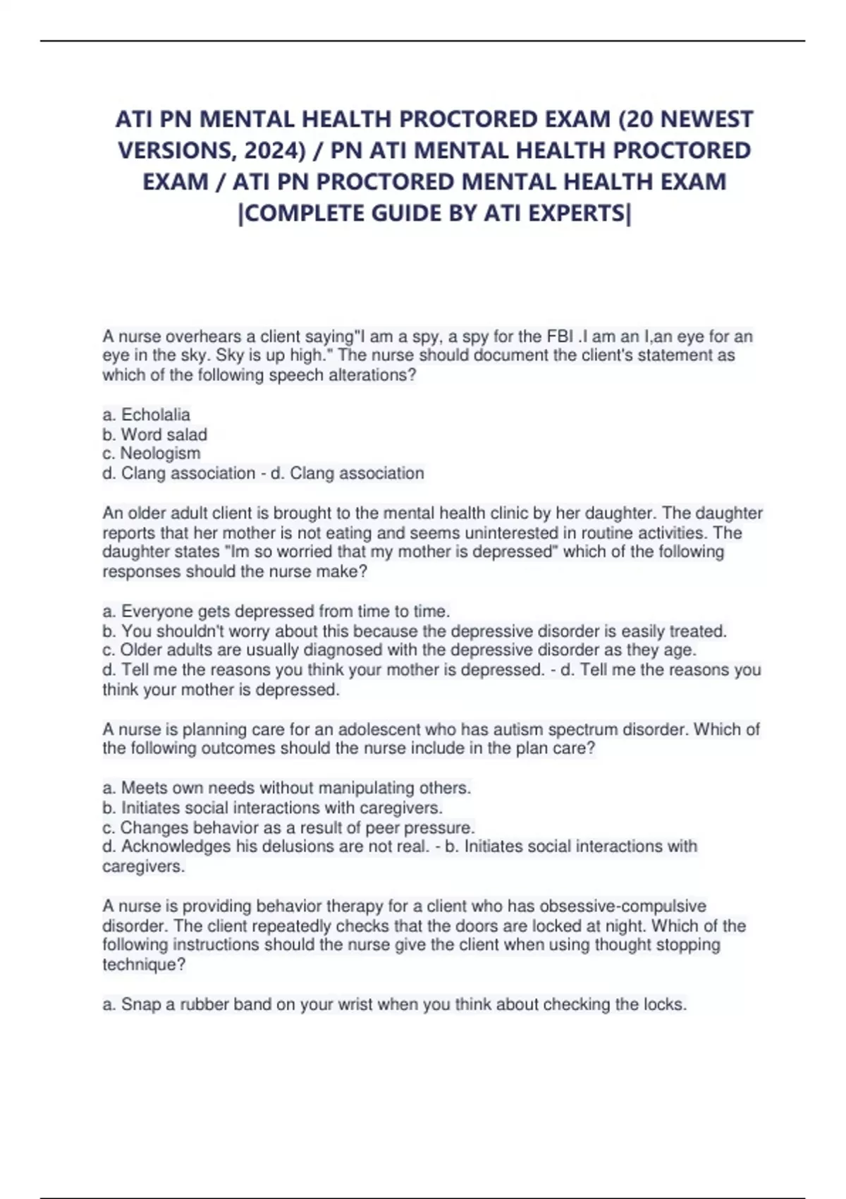 ATI PN MENTAL HEALTH PROCTORED EXAM (20 NEWEST VERSIONS, 2024) / PN ATI ...