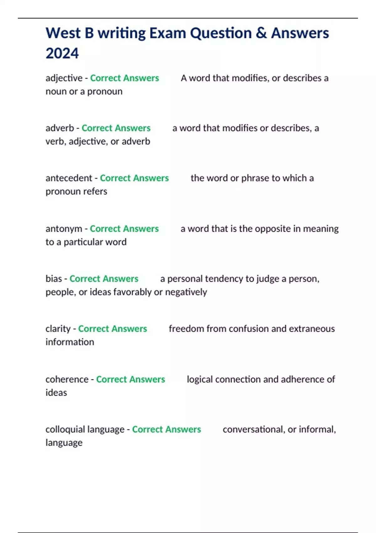 West B writing Exam Question & Answers 2024 - Cna - Stuvia UK