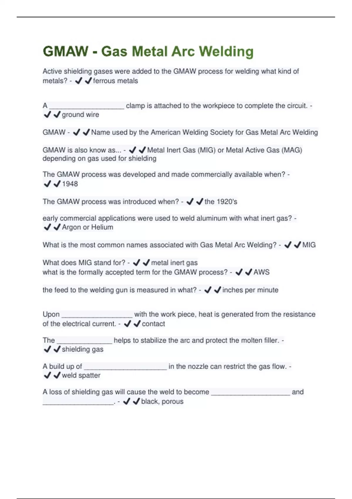 GMAW - Gas Metal Arc Welding (Questions + Answers) Solved - GMAW - Gas ...