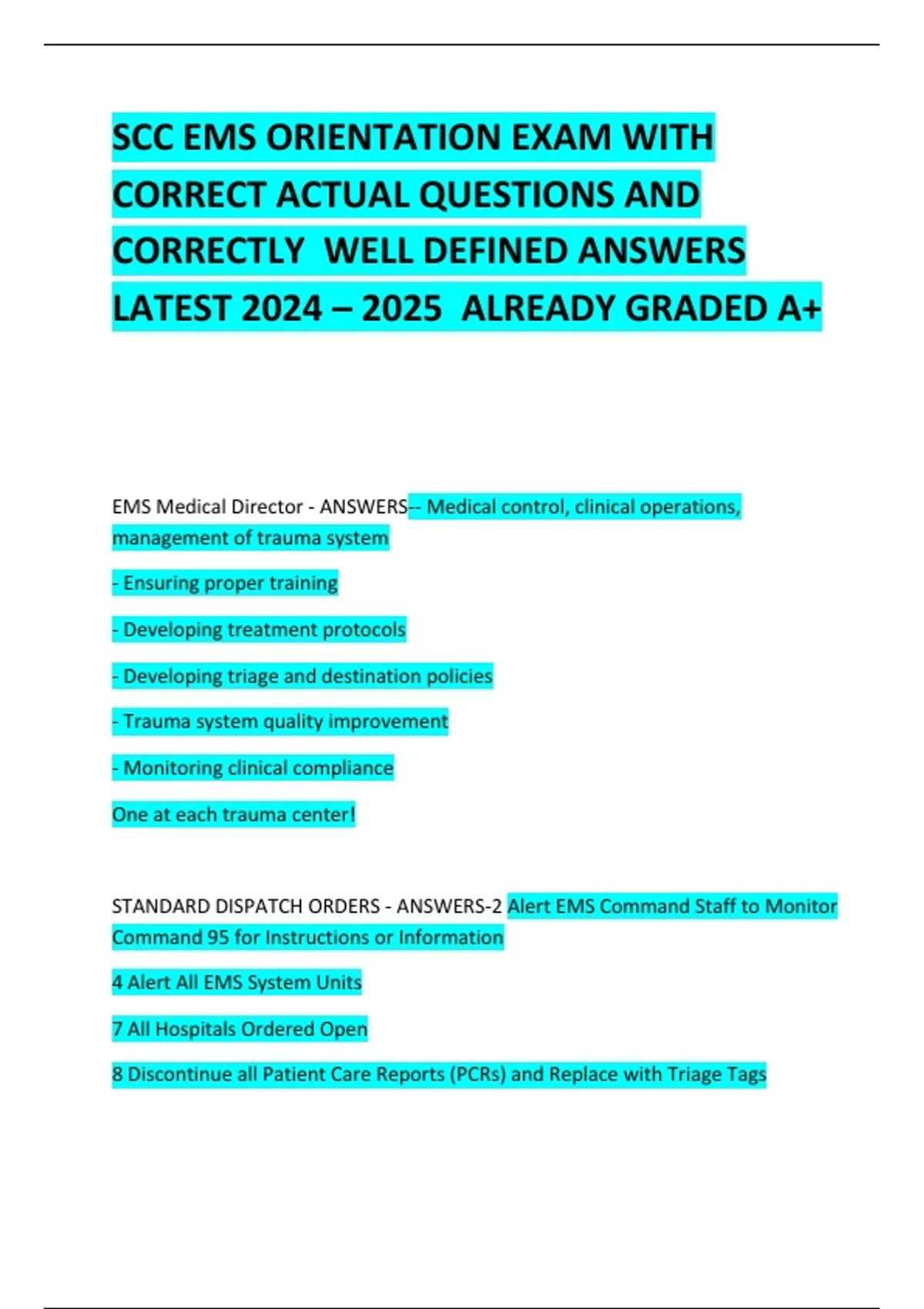 SCC EMS ORIENTATION EXAM WITH CORRECT ACTUAL QUESTIONS AND CORRECTLY ...