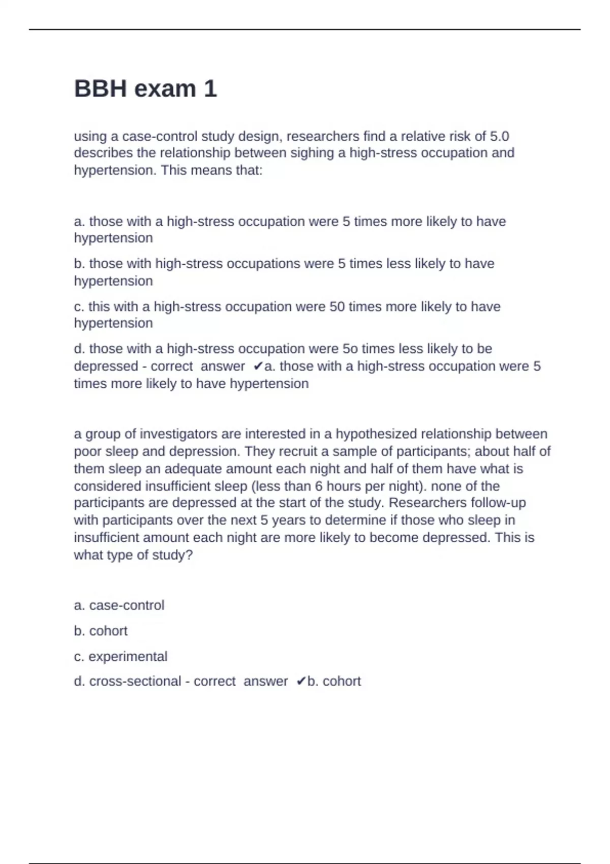 BBH exam 1 questions and answers 100% correct 2024 - BBH 316 - Stuvia US