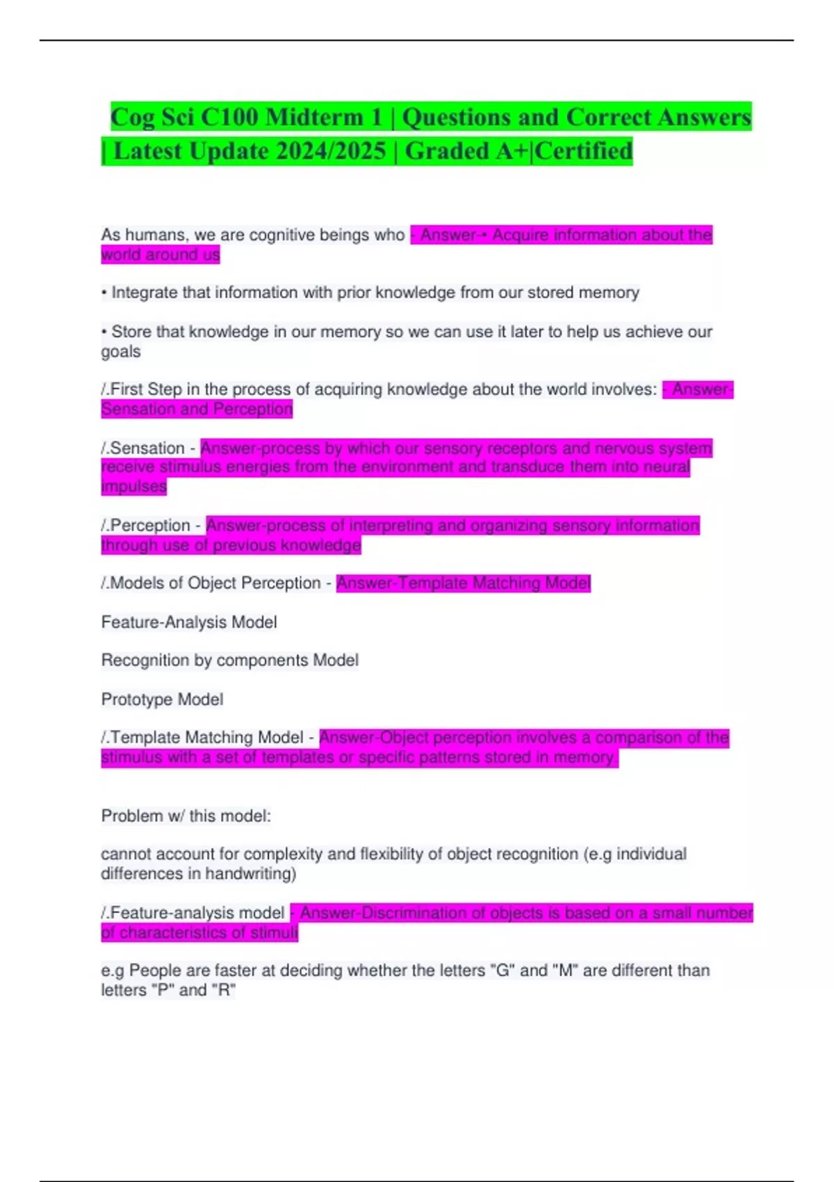 Cog Sci C100 Midterm 1 | Questions and Correct Answers | Latest Update ...