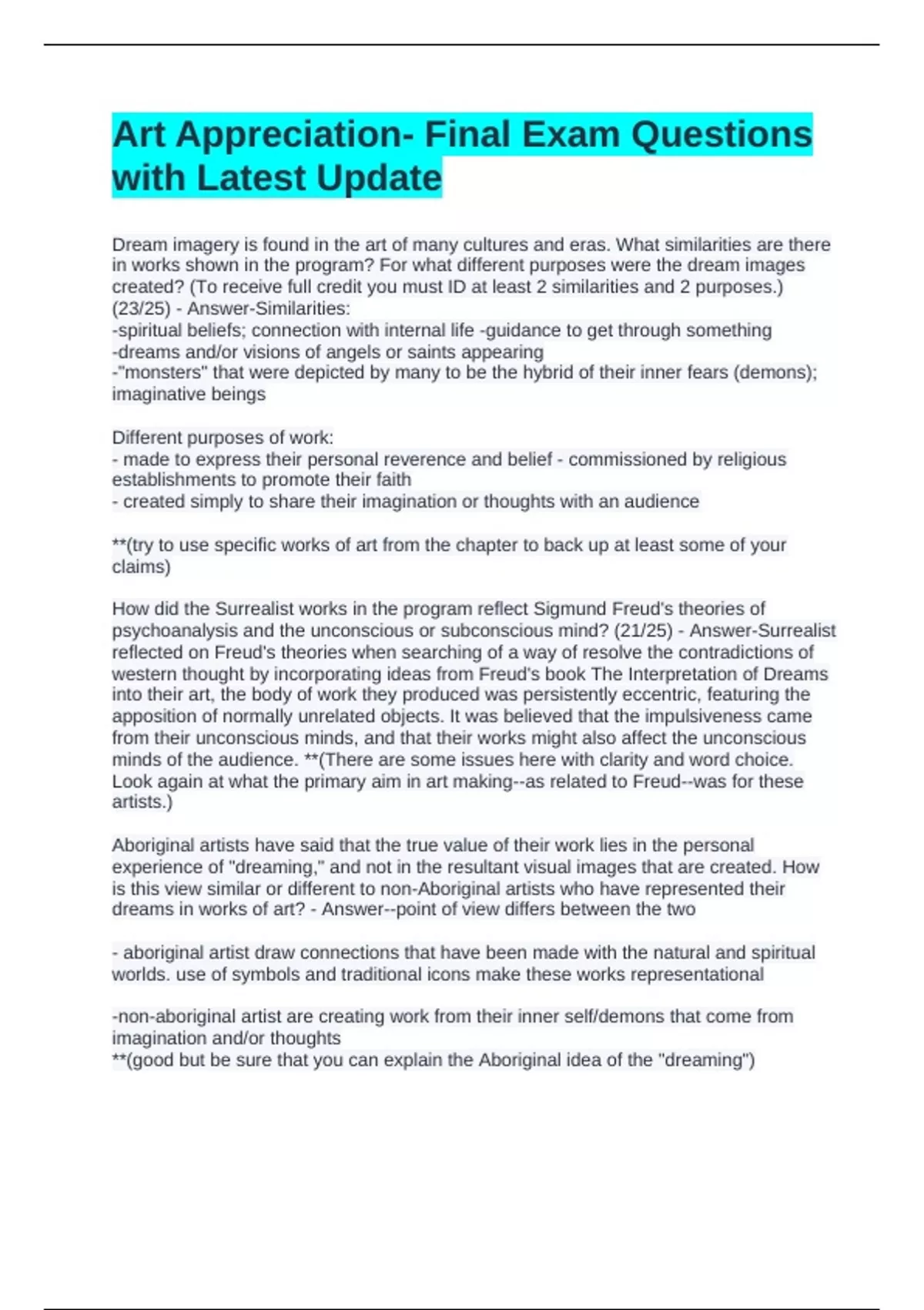 Art Appreciation- Final Exam Questions with Latest Update - Body Arts ...