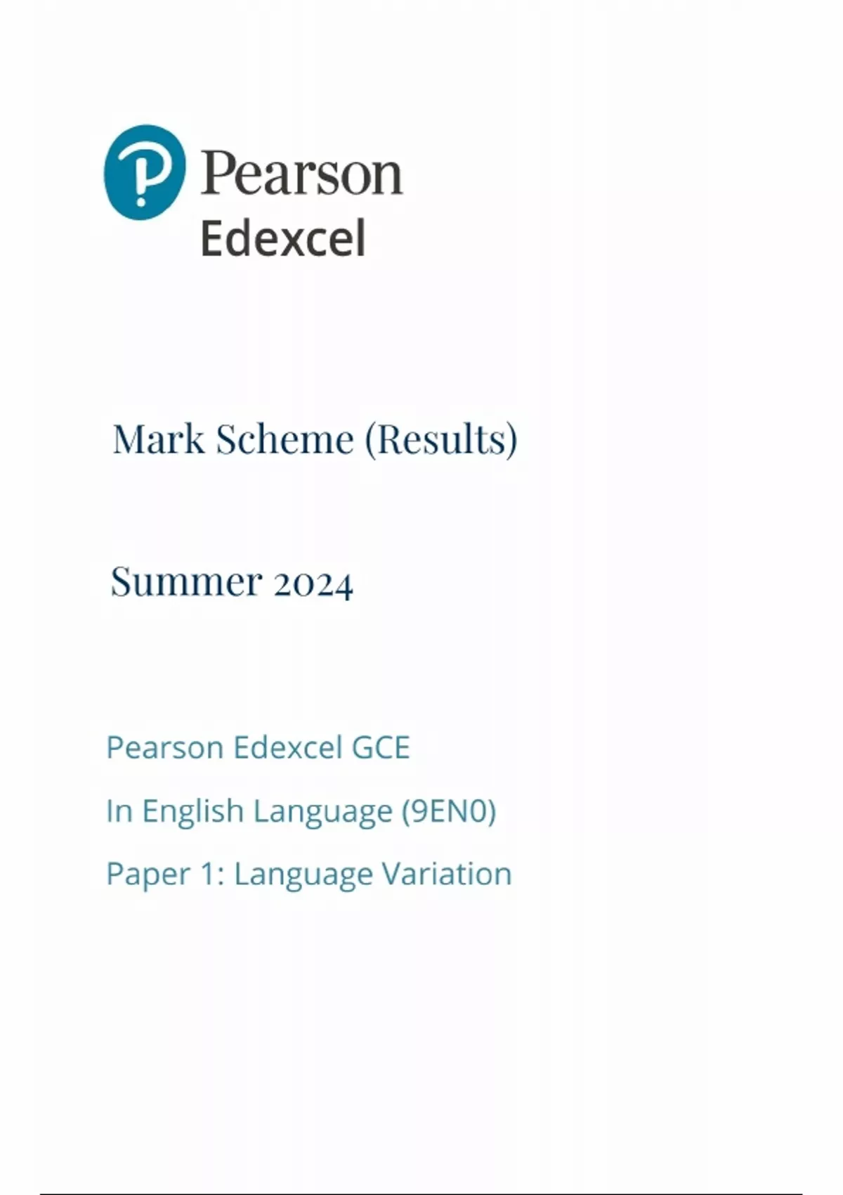 2024 Pearson Edexcel English Language Paper 1 Mark Scheme (9EN01/01 ...