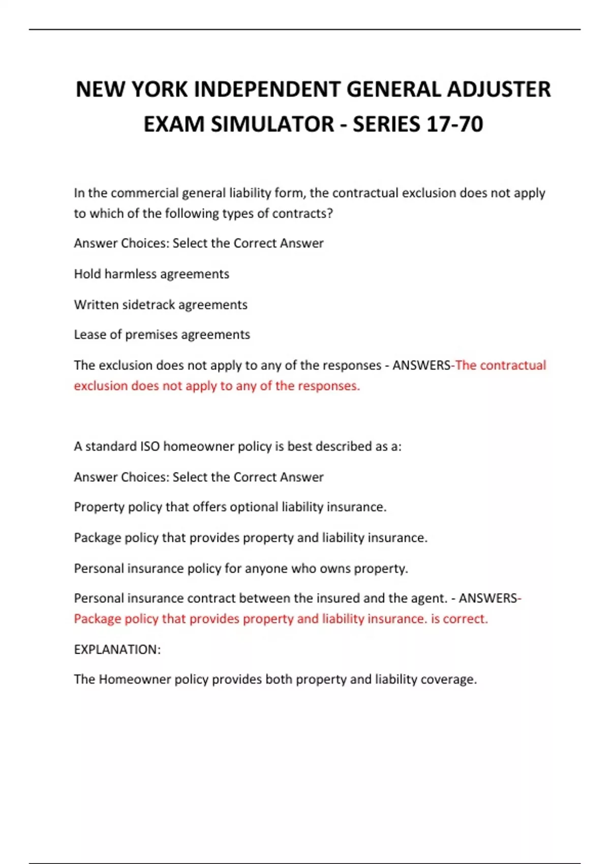 NEW YORK INDEPENDENT GENERAL ADJUSTER EXAM SIMULATOR - SERIES 17-70 ...