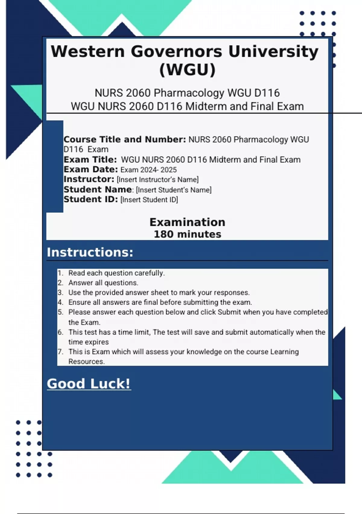 NURS 2060 Pharmacology WGU D NURS 2060 WGU D116 Pharmacology Pre-Assessment Comprehensive Review ...