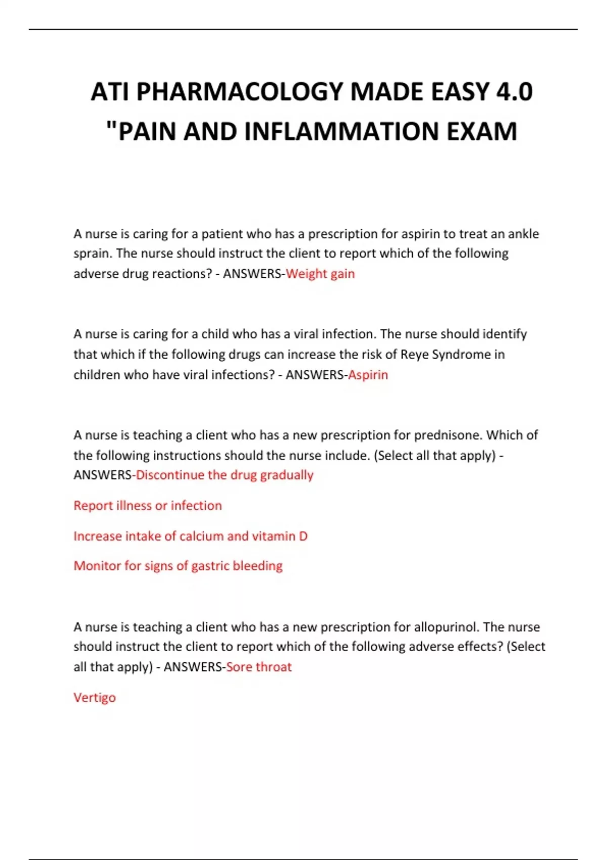 ATI PHARMACOLOGY MADE EASY 4.0 "PAIN AND INFLAMMATION EXAM QUESTIONS ...