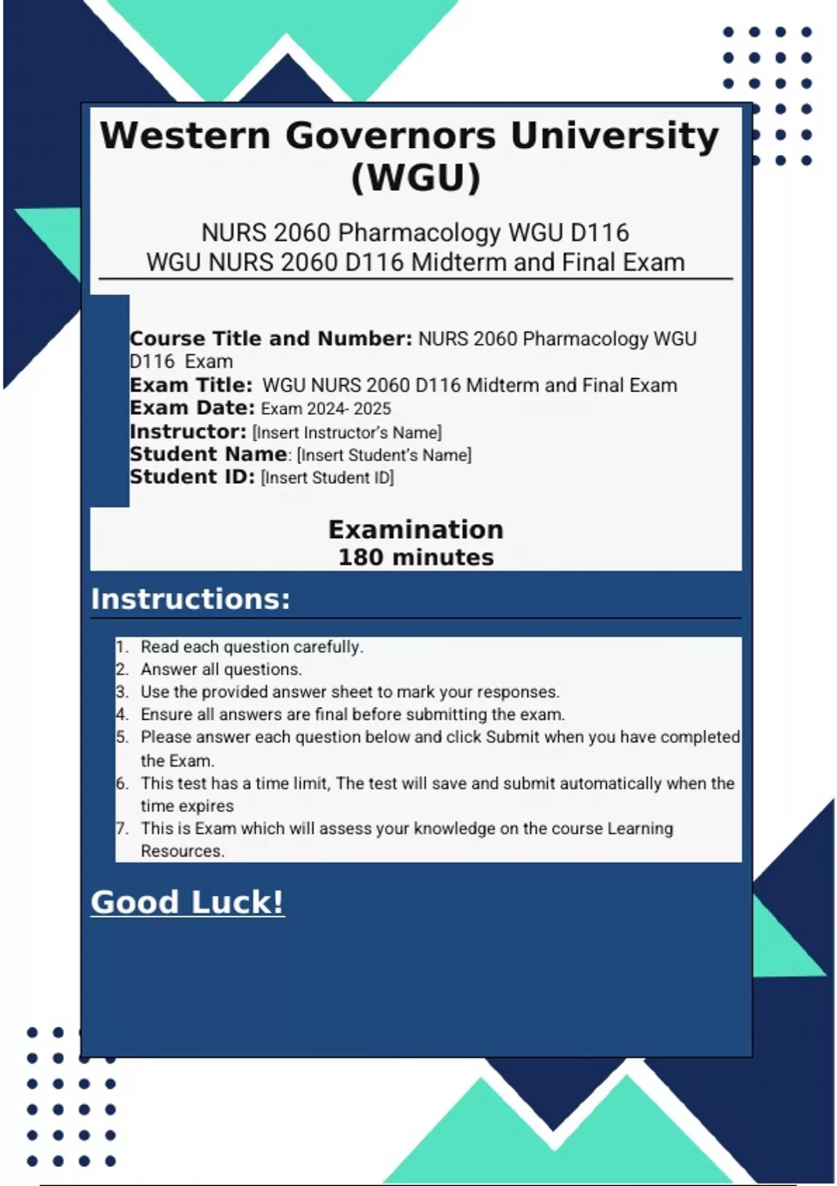 NURS 2060 Pharmacology WGU D WGU NURS 2060 D116 Final Updated Exam ...