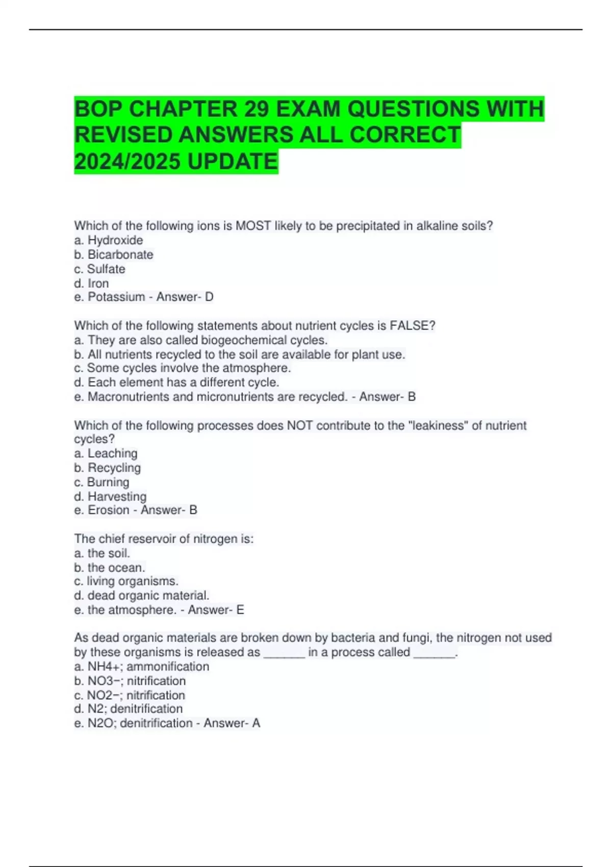 BOP CHAPTER 29 EXAM QUESTIONS WITH REVISED ANSWERS ALL CORRECT 2024/ ...