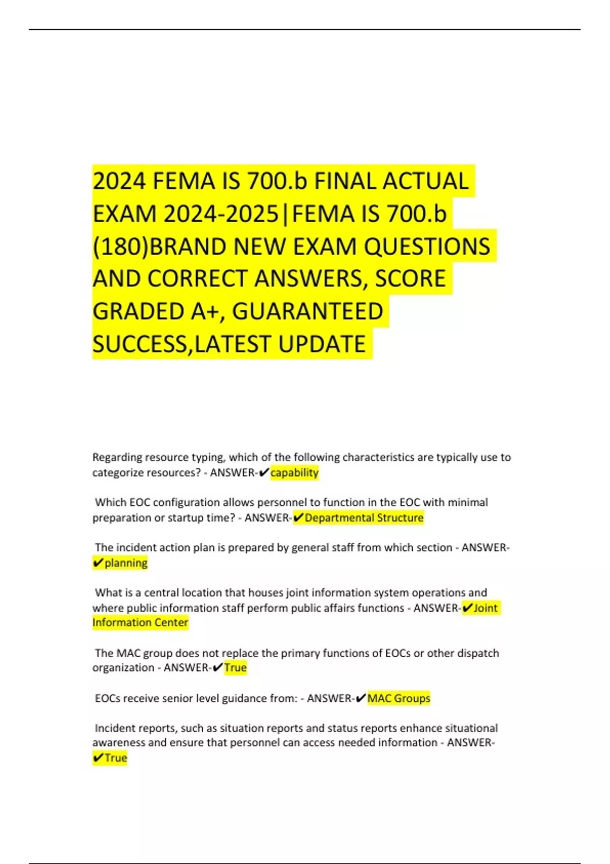 2024 FEMA IS 700.b FINAL ACTUAL EXAM |FEMA IS 700.b (180)BRAND NEW EXAM ...