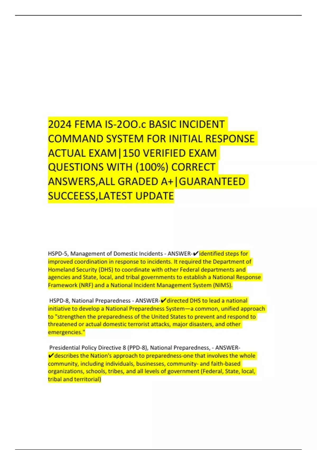 2024 FEMA IS-2OO.c BASIC INCIDENT COMMAND SYSTEM FOR INITIAL RESPONSE ACTUAL EXAM|150 VERIFIED ...