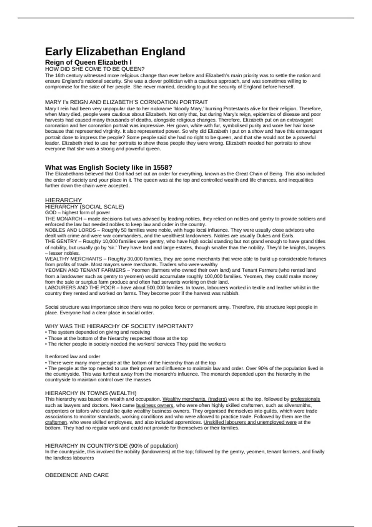 Summary GCSE HISTORY - ELIZABETHAN ENGLAND, (got me a grade 9 ...
