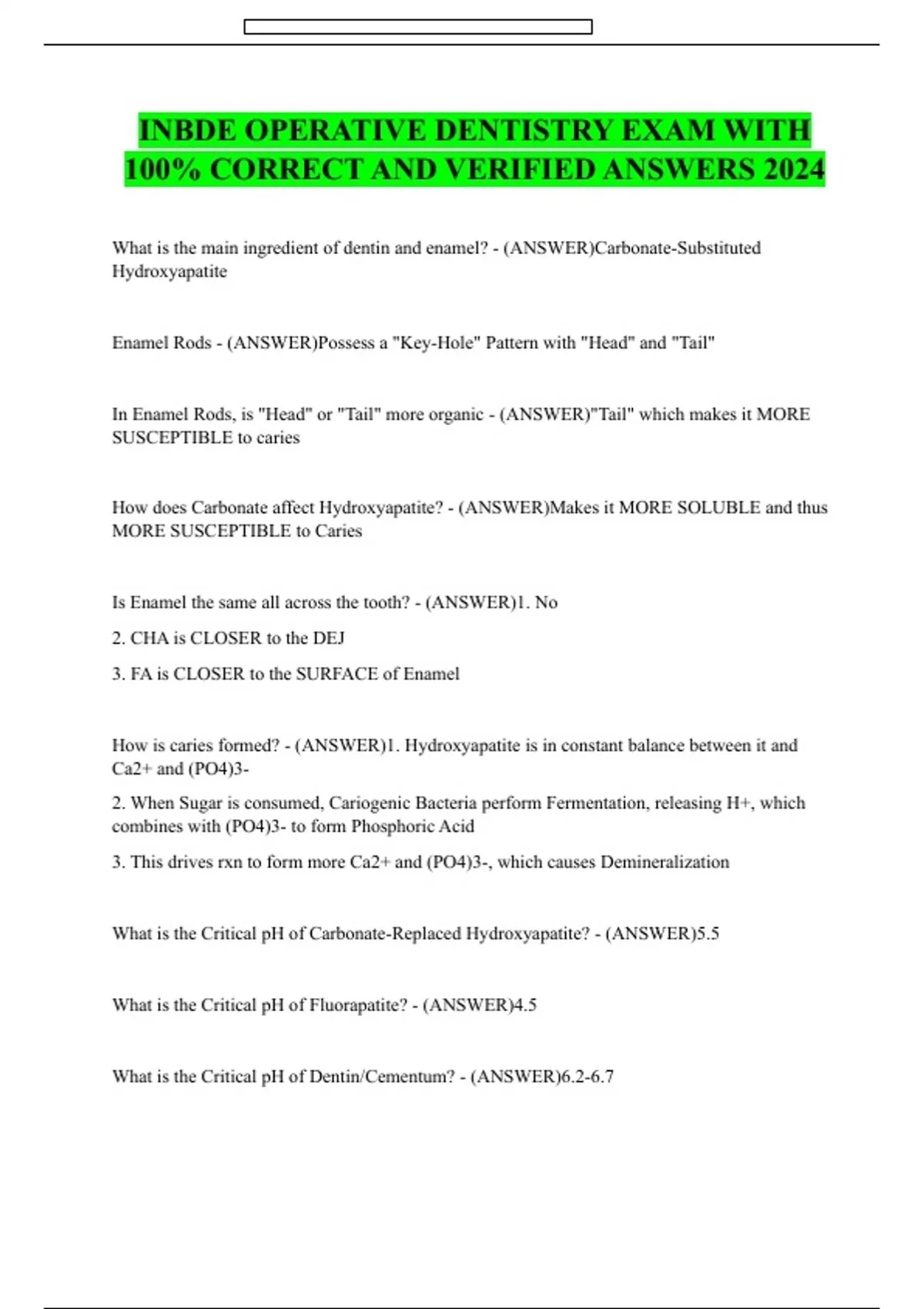 INBDE Operative Dentistry Exam With 100% Correct And Verified Answers ...