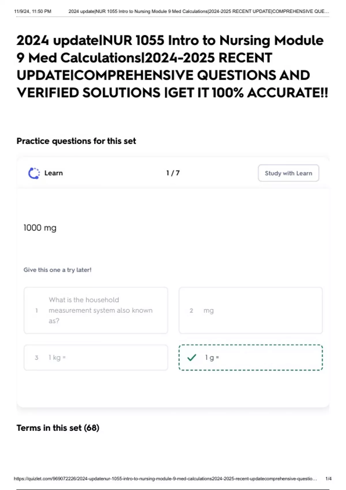 2024 update|NUR 1055 Intro to Nursing Module 9 Med Calculations| RECENT ...