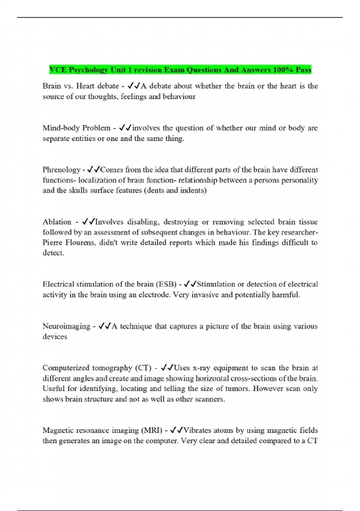 VCE Psychology Unit 1 revision Exam Questions And Answers 100% Pass ...