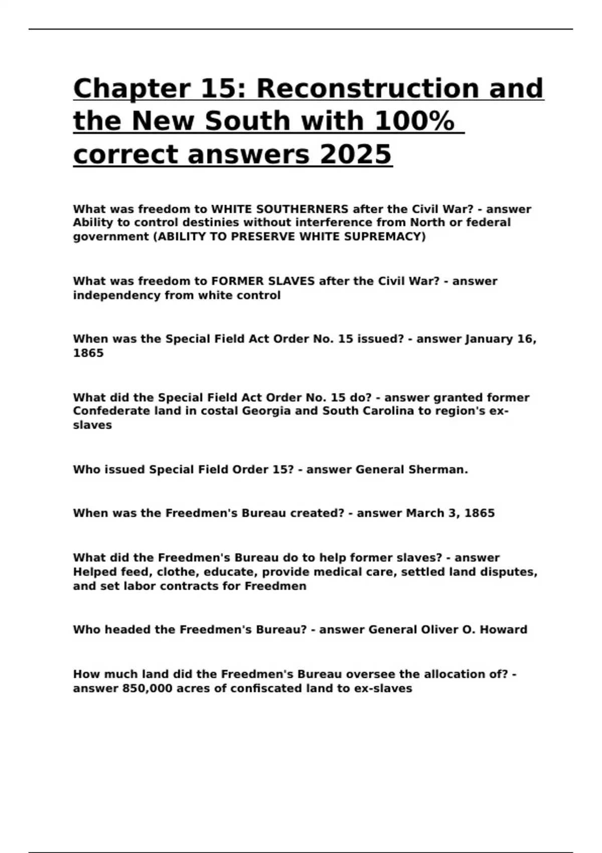 Chapter 15 Reconstruction and the New South with 100- correct answers ...