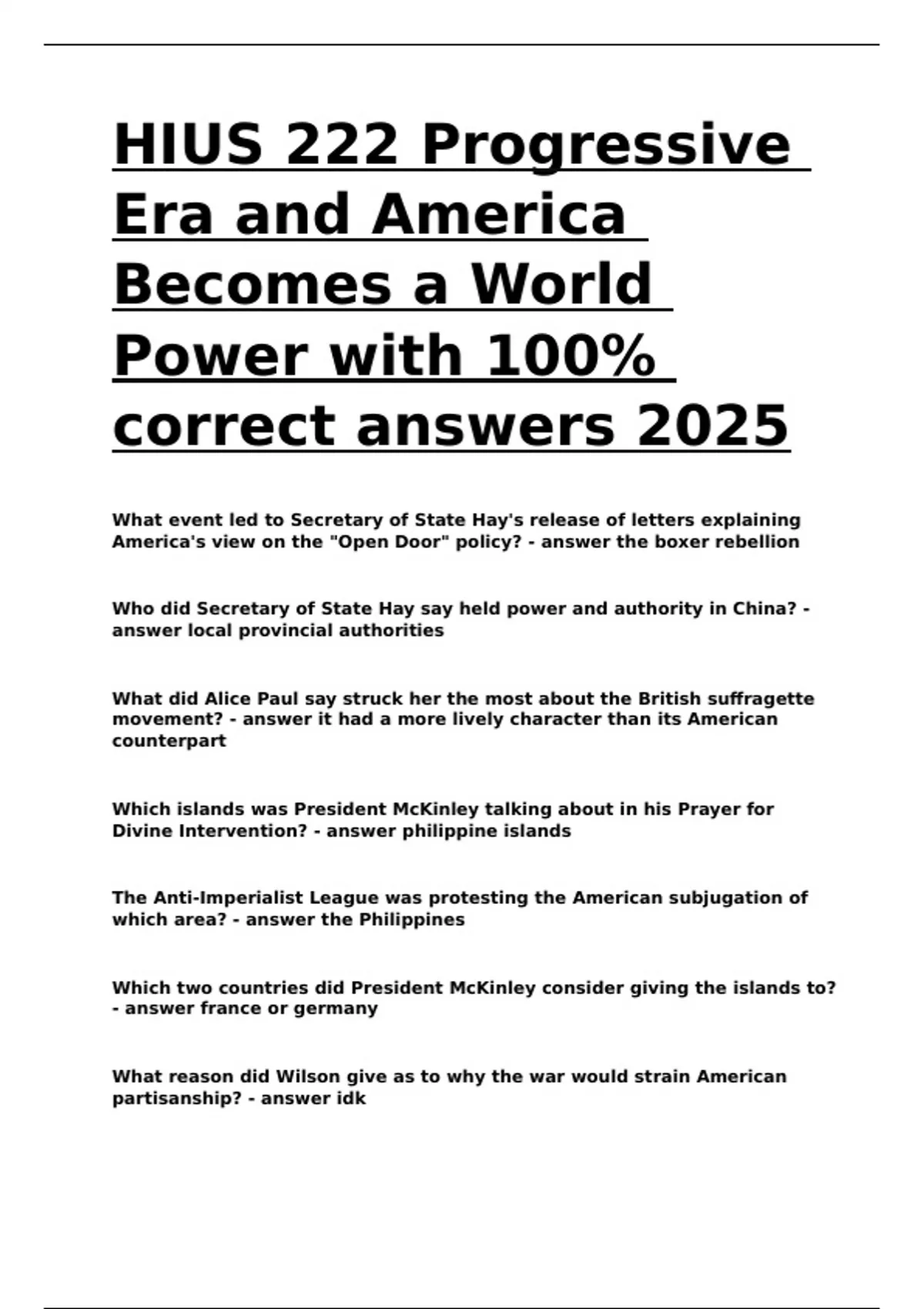 HIUS 222 Progressive Era and America Becomes a World Power with 100 ...