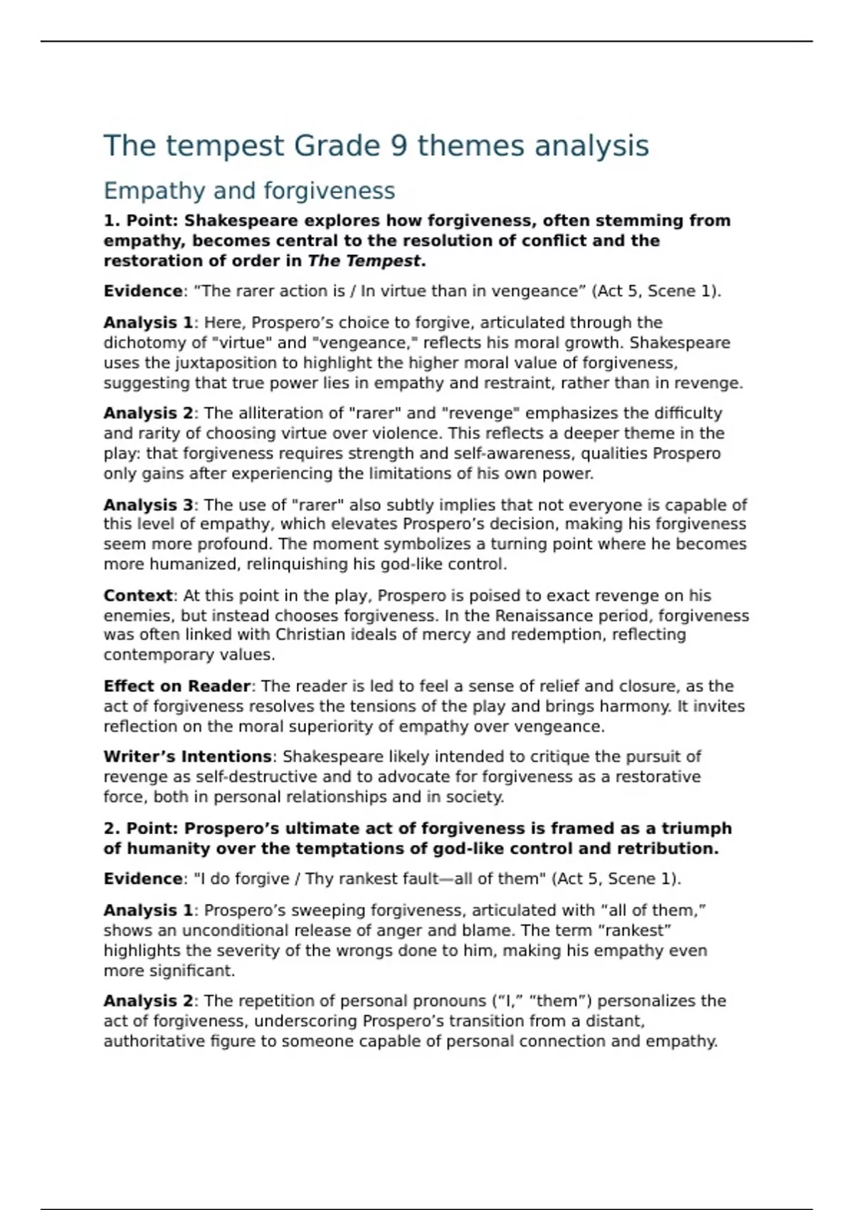 Summary the tempest Grade 9 themes analysis - English - Stuvia UK