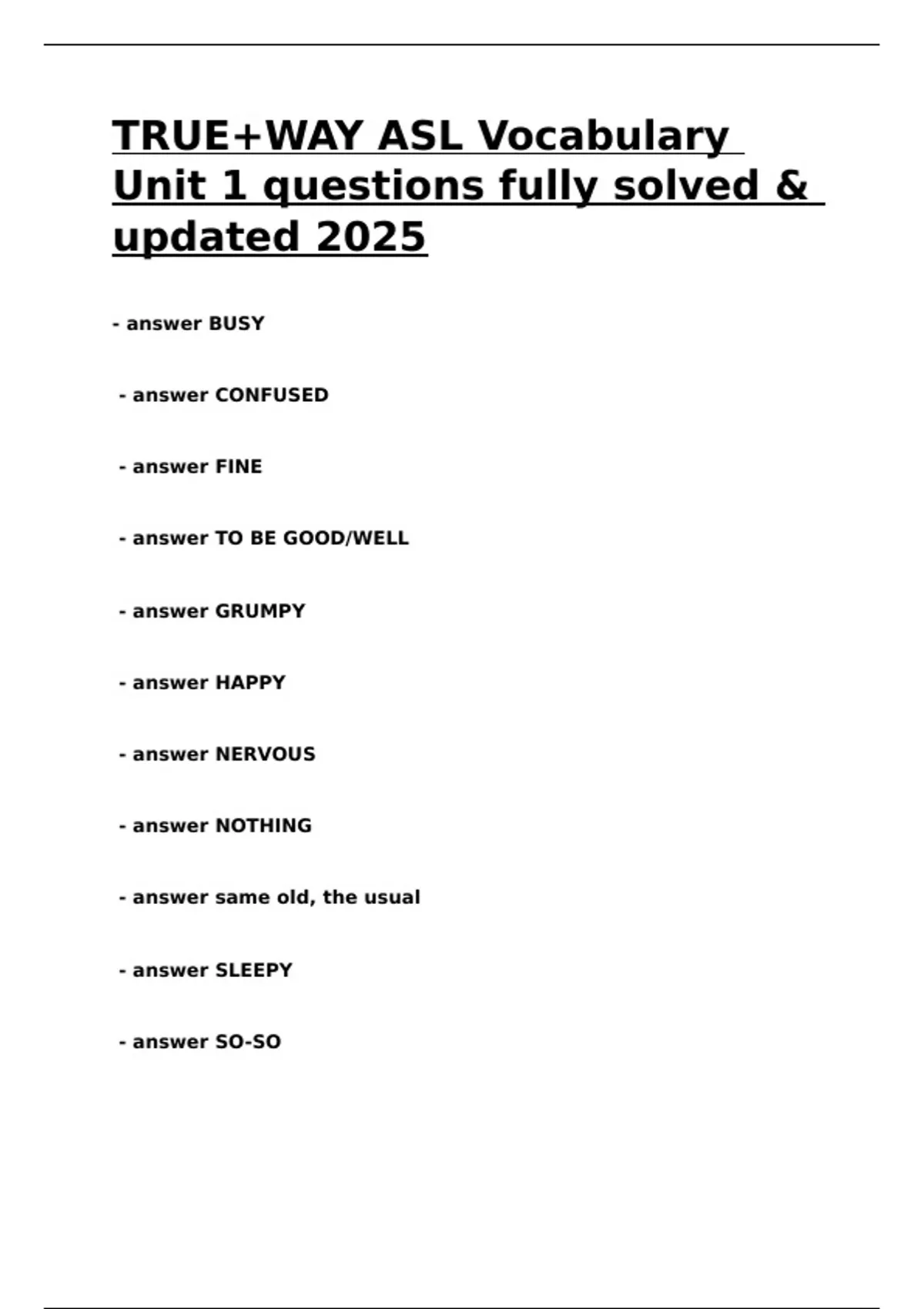 TRUE+WAY ASL Vocabulary Unit 1 questions fully solved & updated 2025 ...