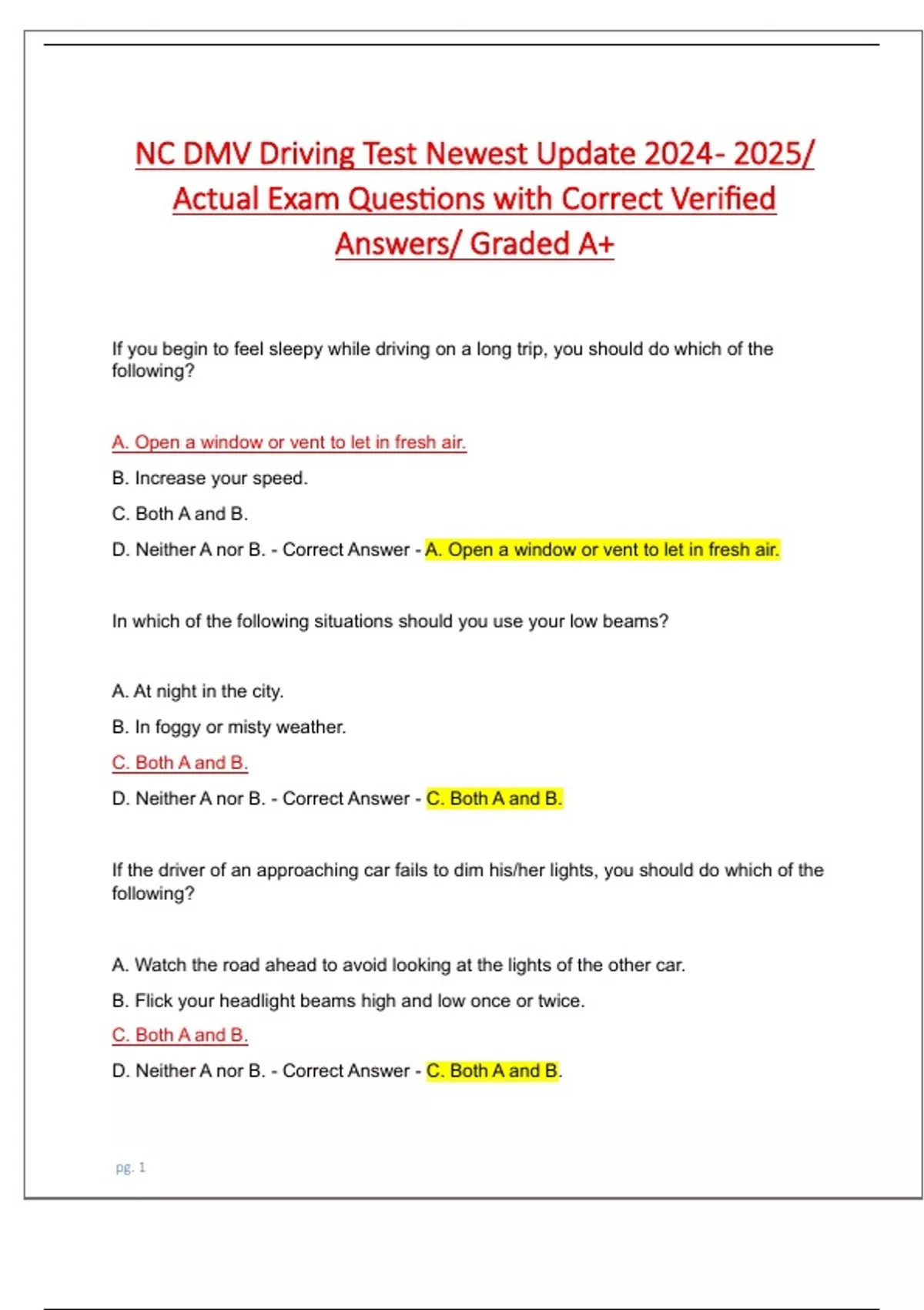 NC DMV Driving Test Newest Update / Actual Exam Questions with Correct ...