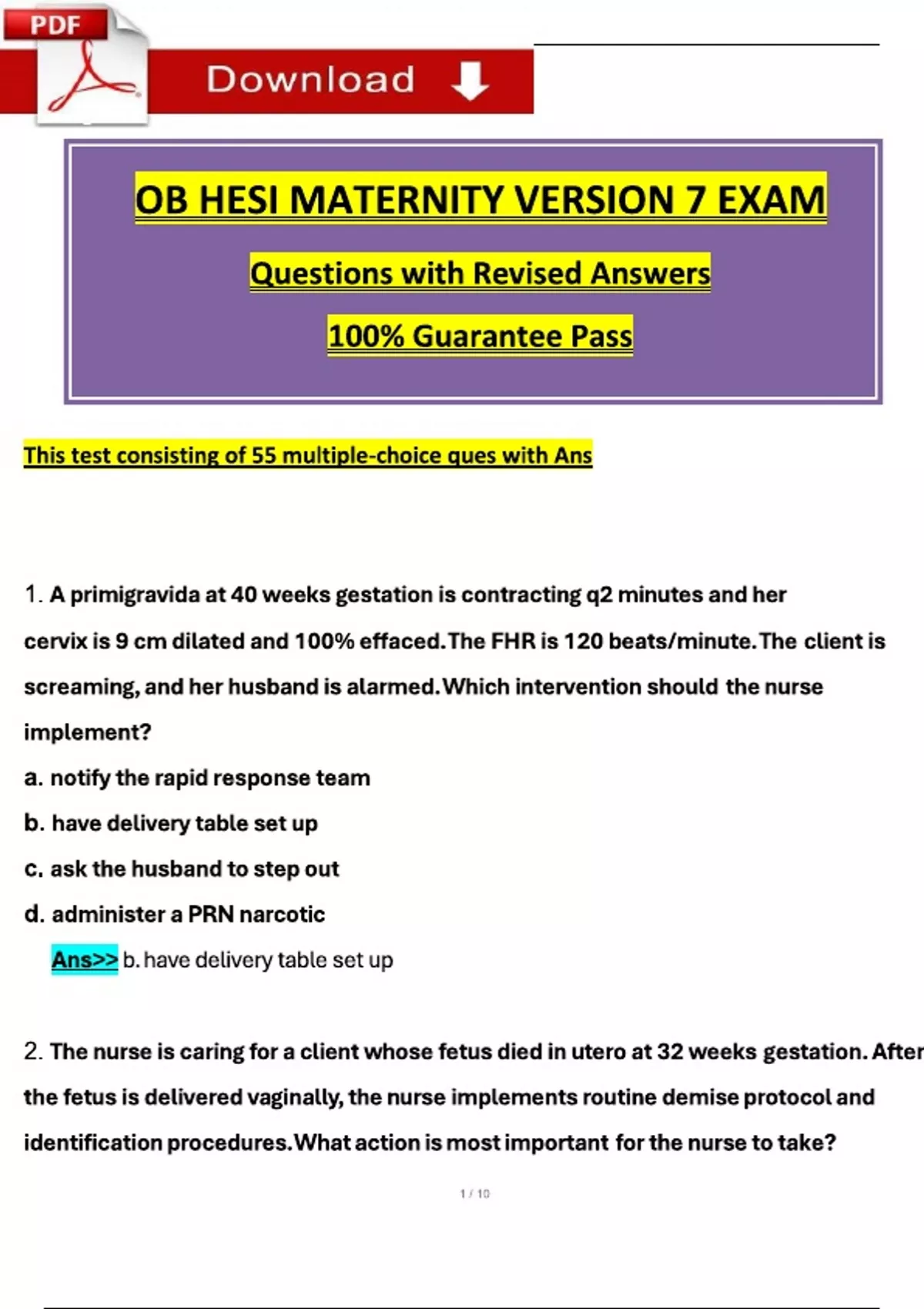 2024 OB HESI Maternity Version 7 Exam Questions and Verified Answers, 100% Guarantee Pass - HESI ...