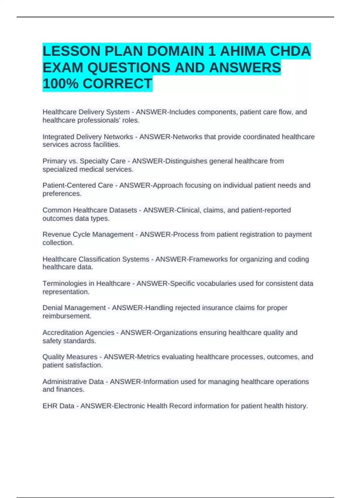 LESSON PLAN DOMAIN 1 AHIMA CHDA EXAM QUESTIONS AND ANSWERS 100% CORRECT ...
