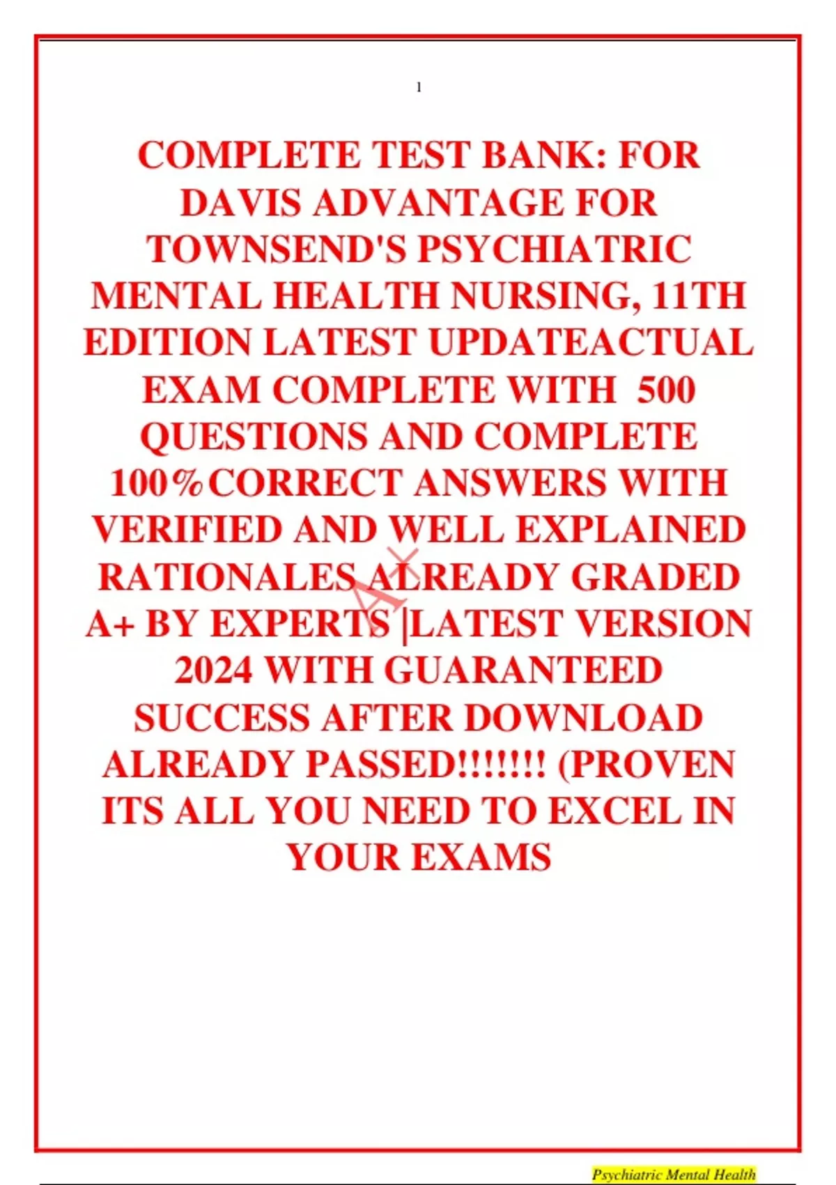 COMPLETE TEST BANK: FOR DAVIS ADVANTAGE FOR TOWNSEND'S PSYCHIATRIC ...