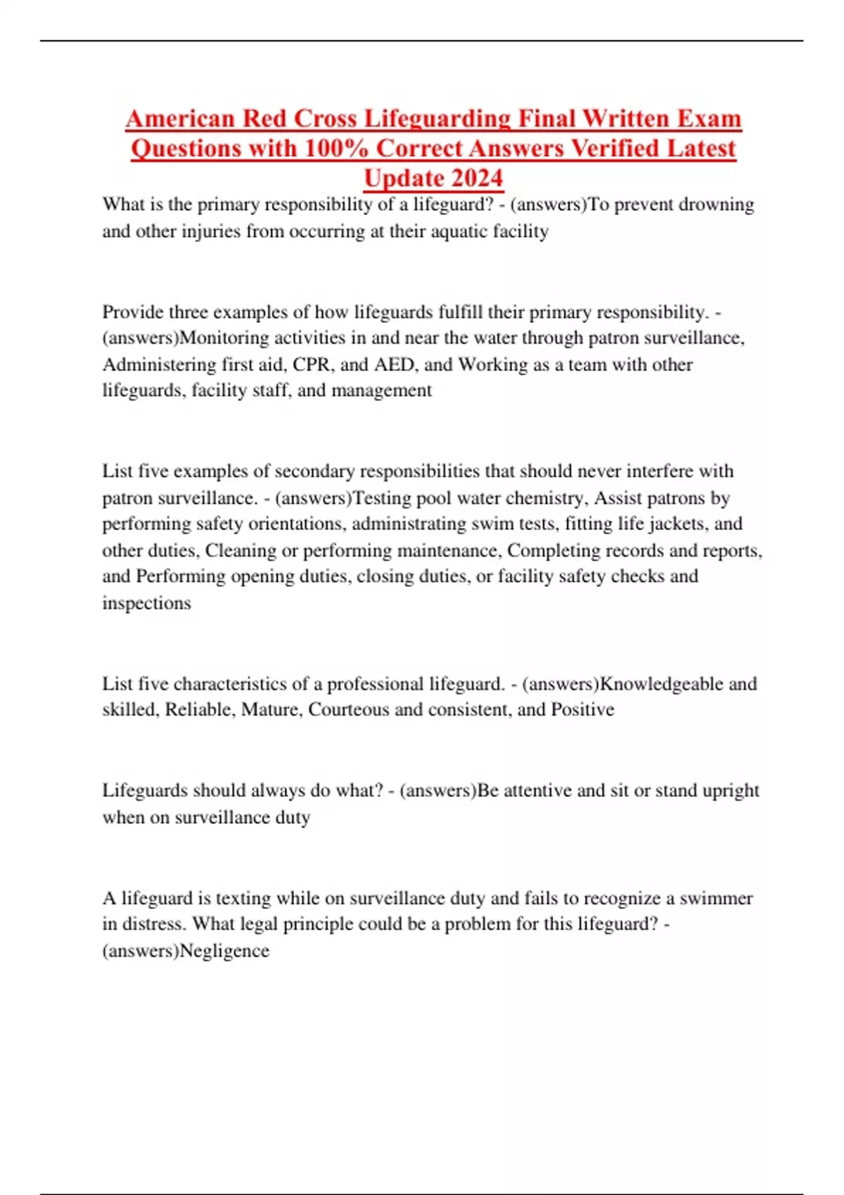 American Red Cross Lifeguarding Final Written Exam Questions with 100% Correct Answers Verified ...