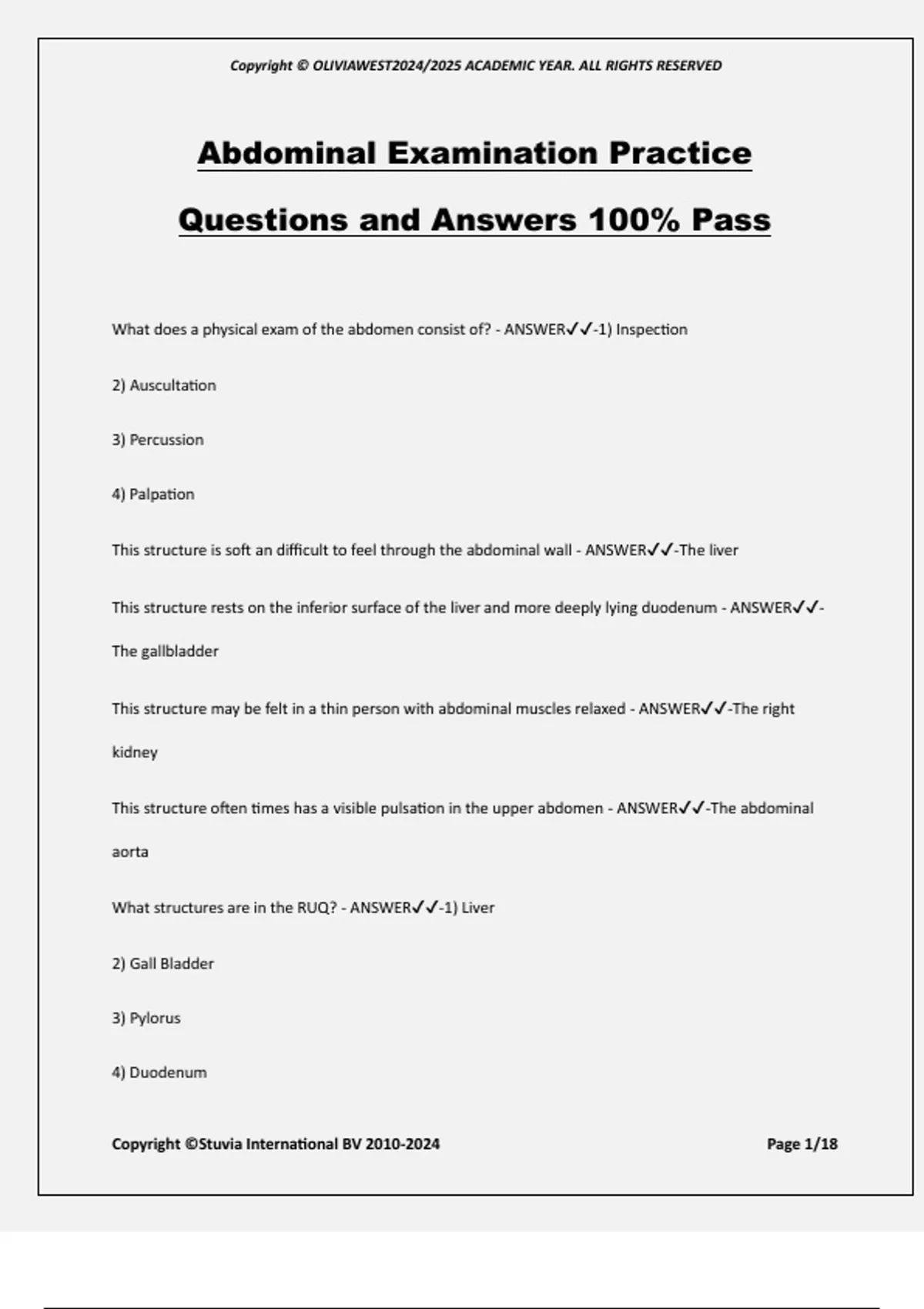 Abdominal Examination Practice Questions and Answers 100% Pass - Prep ...