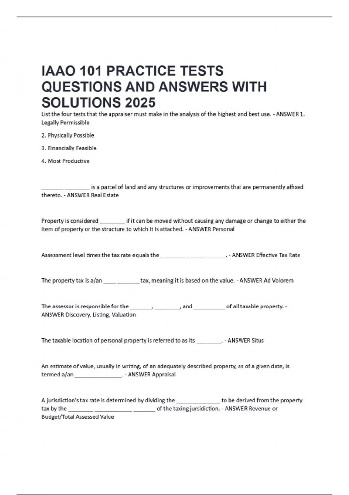 IAAO 101 PRACTICE TESTS QUESTIONS AND ANSWERS WITH SOLUTIONS 2025 ...