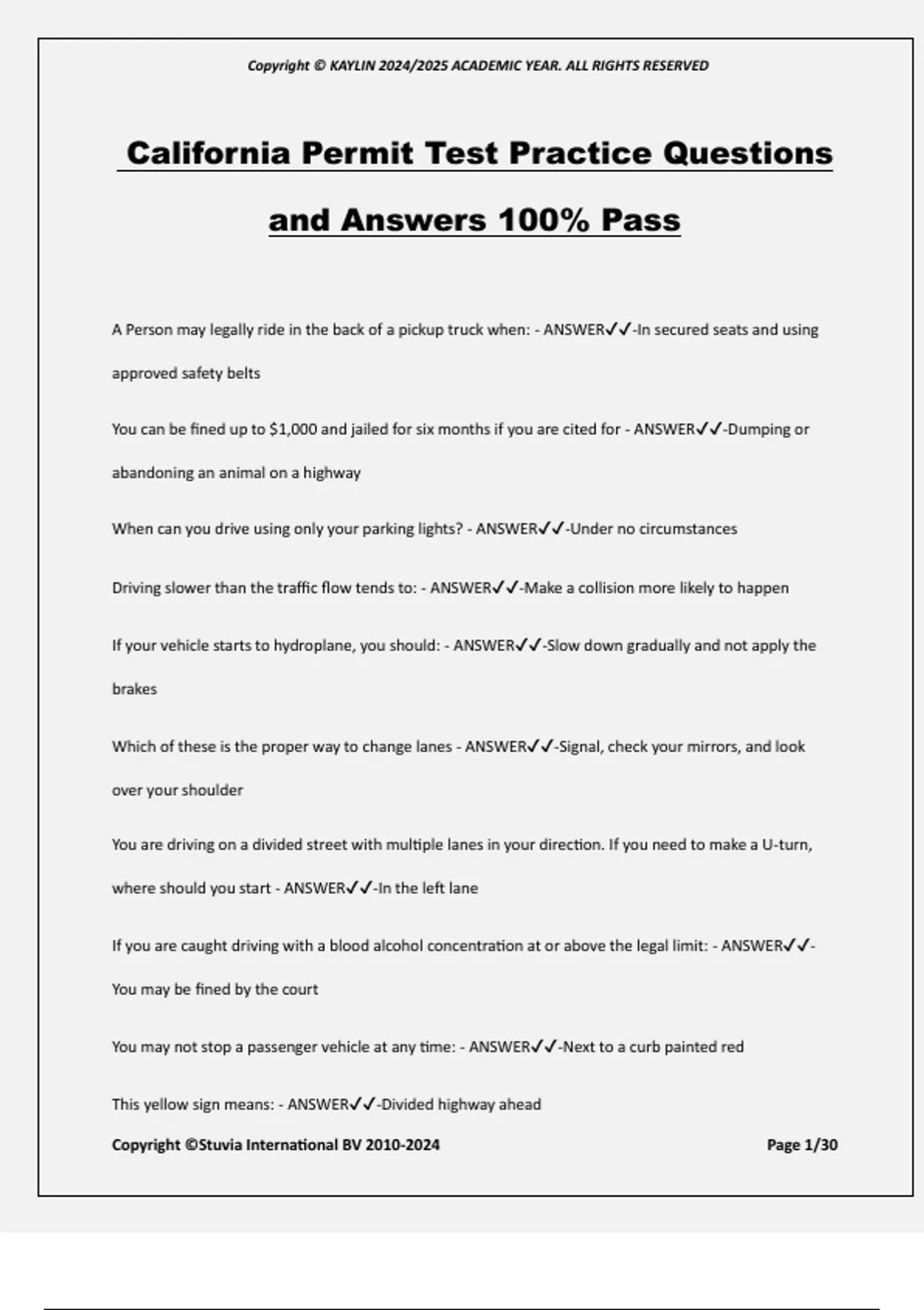 California Permit Test Practice Questions and Answers 100% Pass - Prep ...