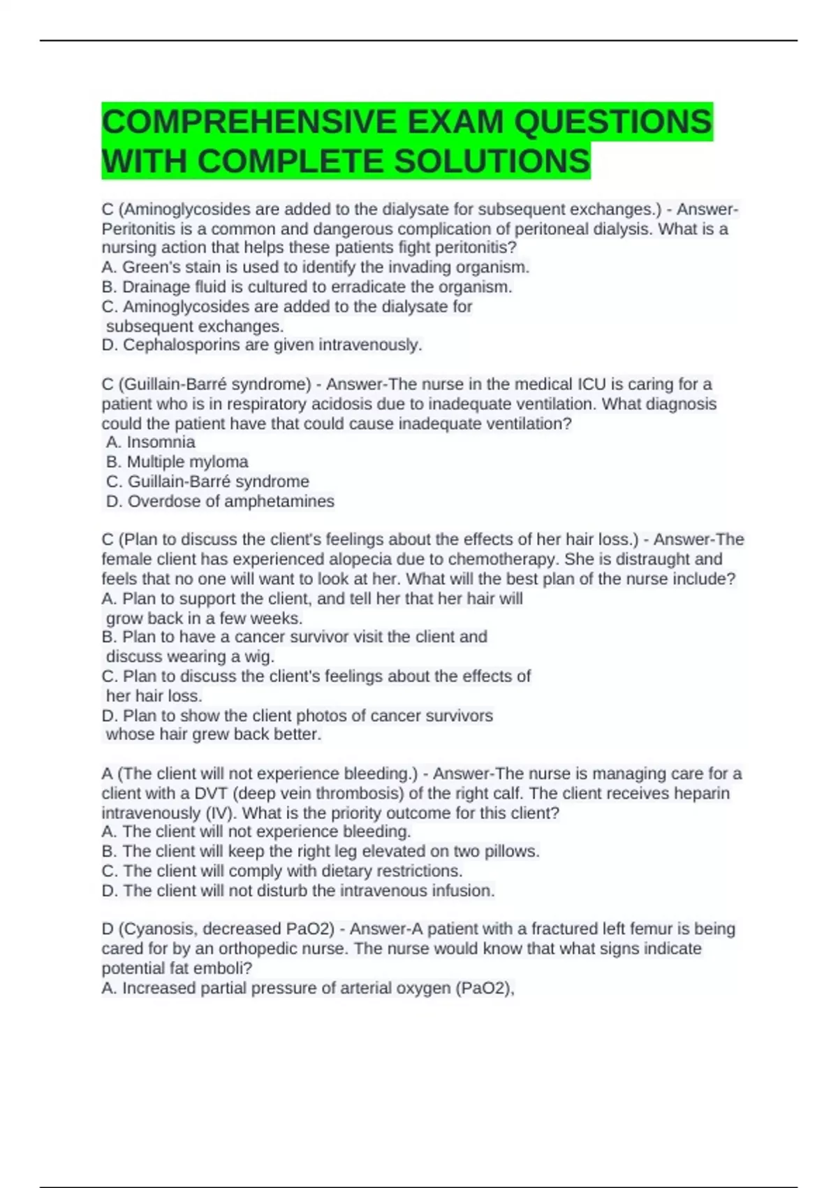 COMPREHENSIVE EXAM QUESTIONS WITH COMPLETE SOLUTIONS - Rn comprehensive - Stuvia US