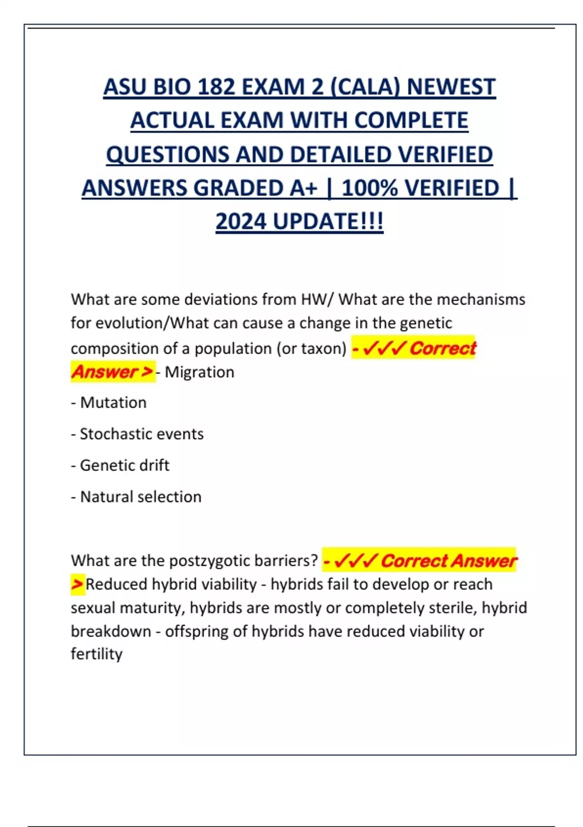 BIO 182 ASU EXAM 2 (CALA) NEWEST ACTUAL EXAM WITH COMPLETE QUESTIONS ...