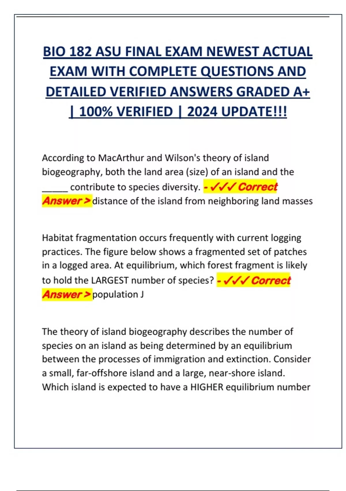 BIO 182 ASU FINAL EXAM NEWEST ACTUAL EXAM WITH COMPLETE QUESTIONS AND ...