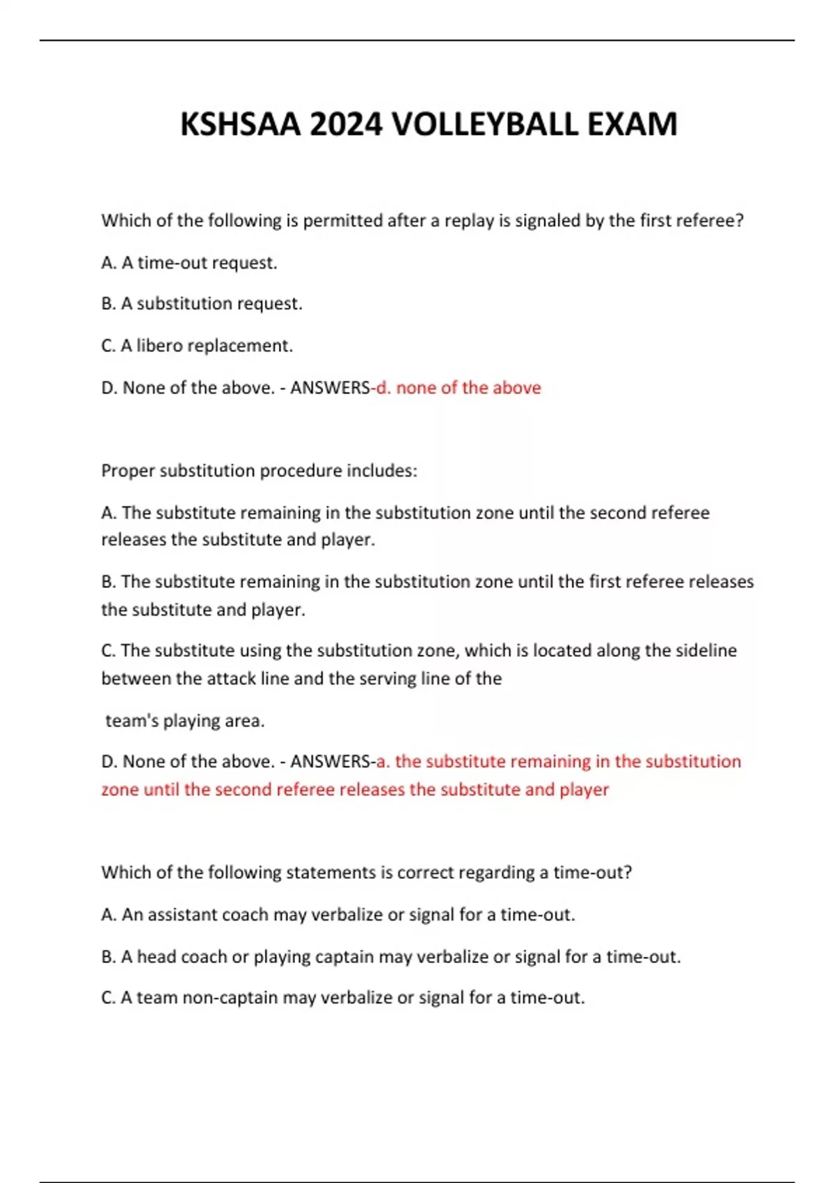 KSHSAA 2024 VOLLEYBALL EXAM QUESTIONS AND ANSWERS 2024 - KSHSAA 2024 ...