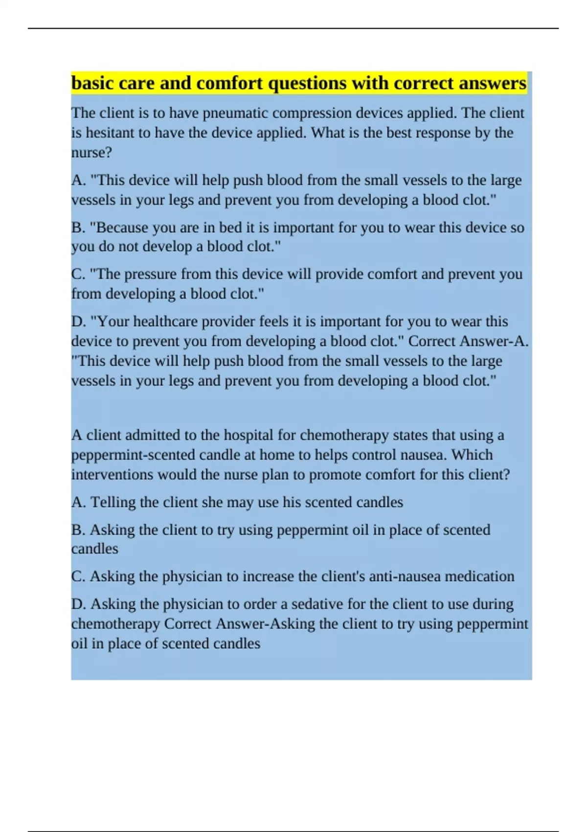 basic care and comfort questions with correct answer1 - RN- Nursing - Stuvia US