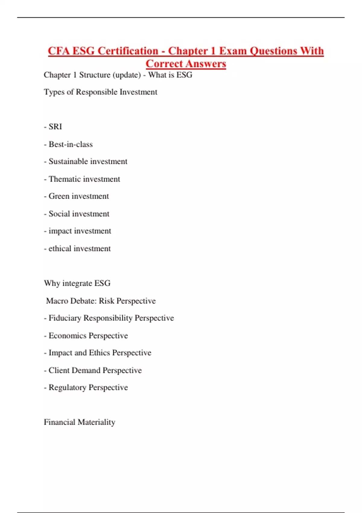 CFA ESG Certification - Chapter 1 Exam Questions With Correct Answers ...