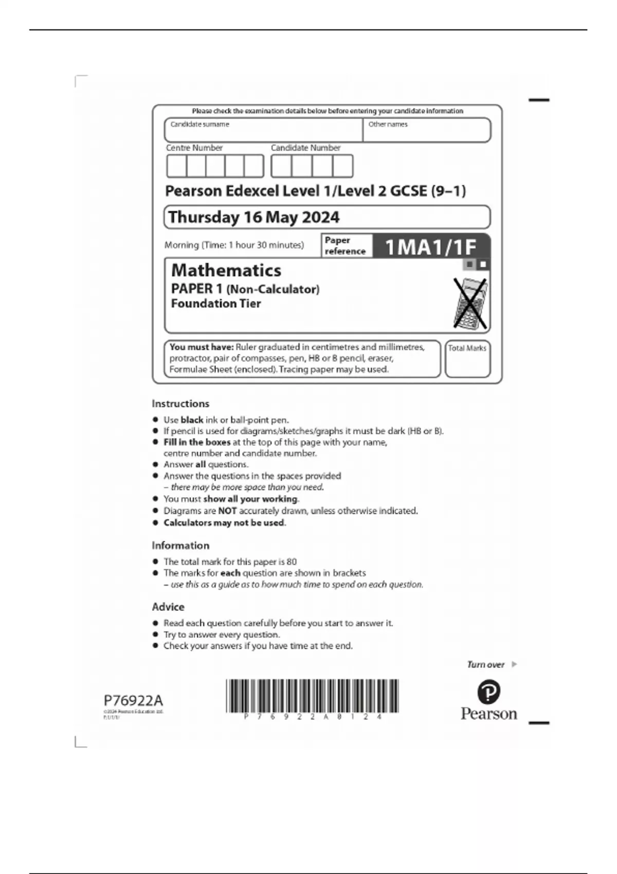 GCSE Edexcel june 2024 Foundation Tier Mathematics paper 1 - PAPER 1 ...