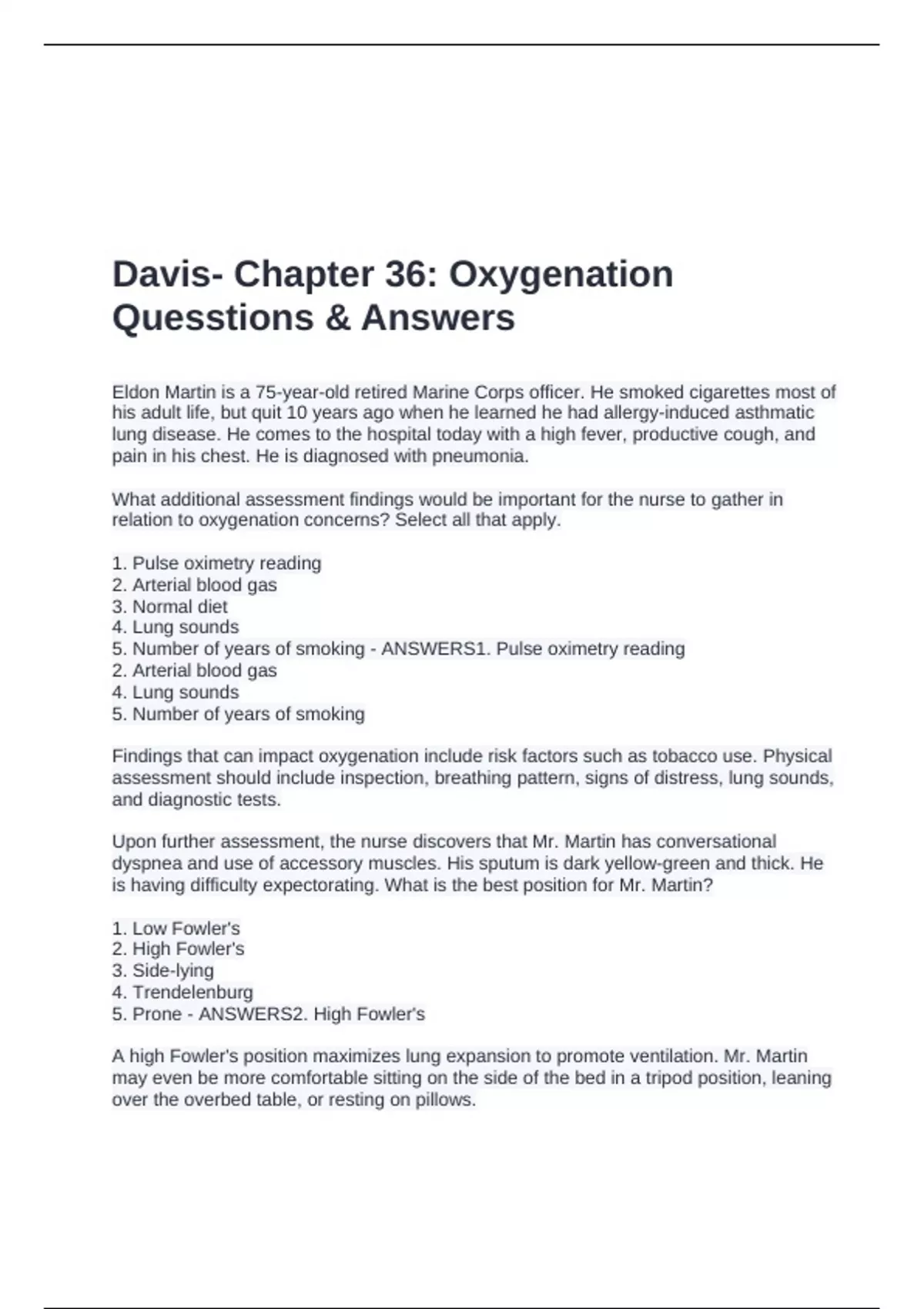 Davis- Chapter 36: Oxygenation Quesstions & Answers - Davis- Chapter 36: Oxygenation - Stuvia US