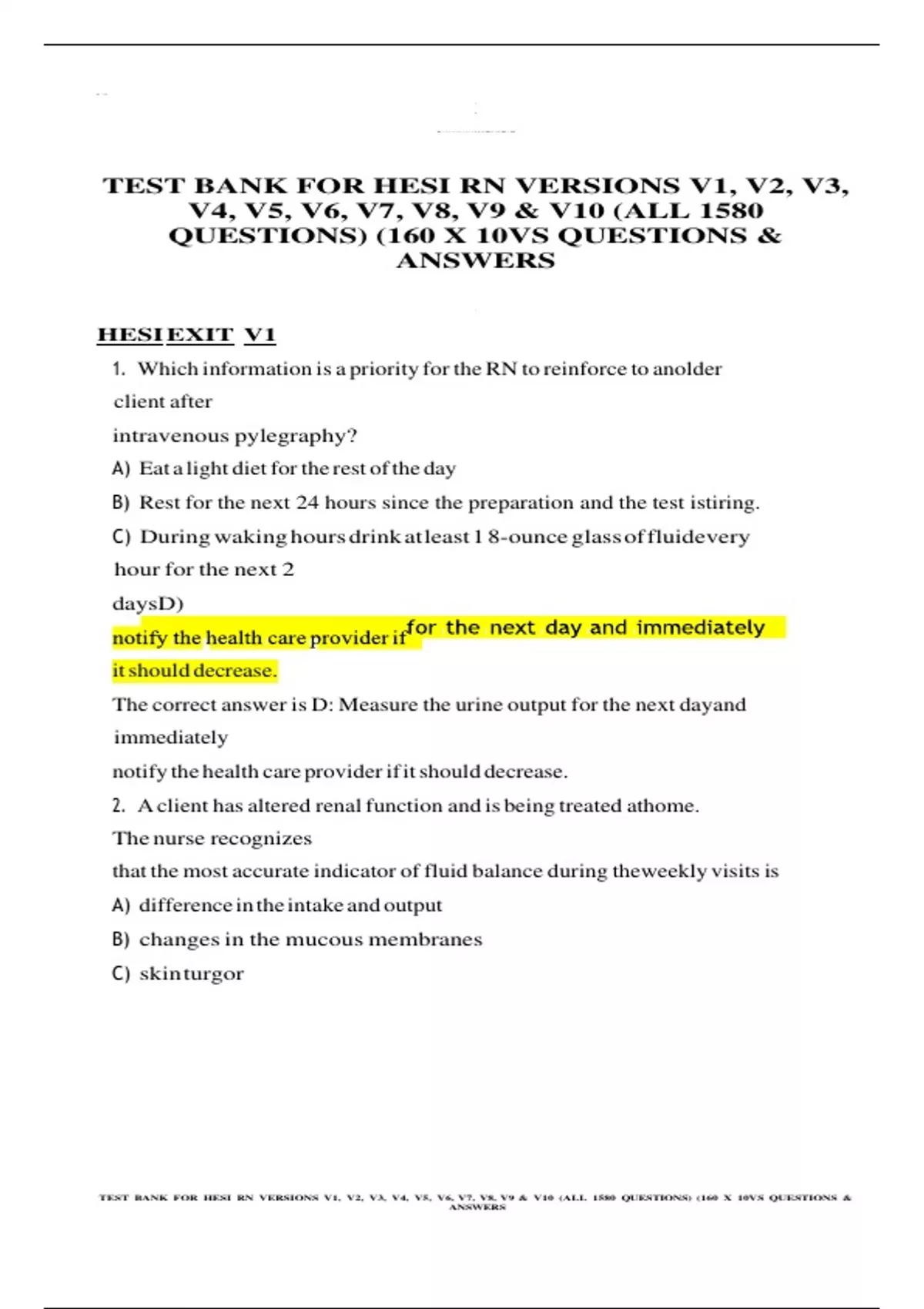 RN HESI EXIT EXAM VERSIONS V1, V2, V3, V4, V5, V6, V7, V8, V9 & V10 ...