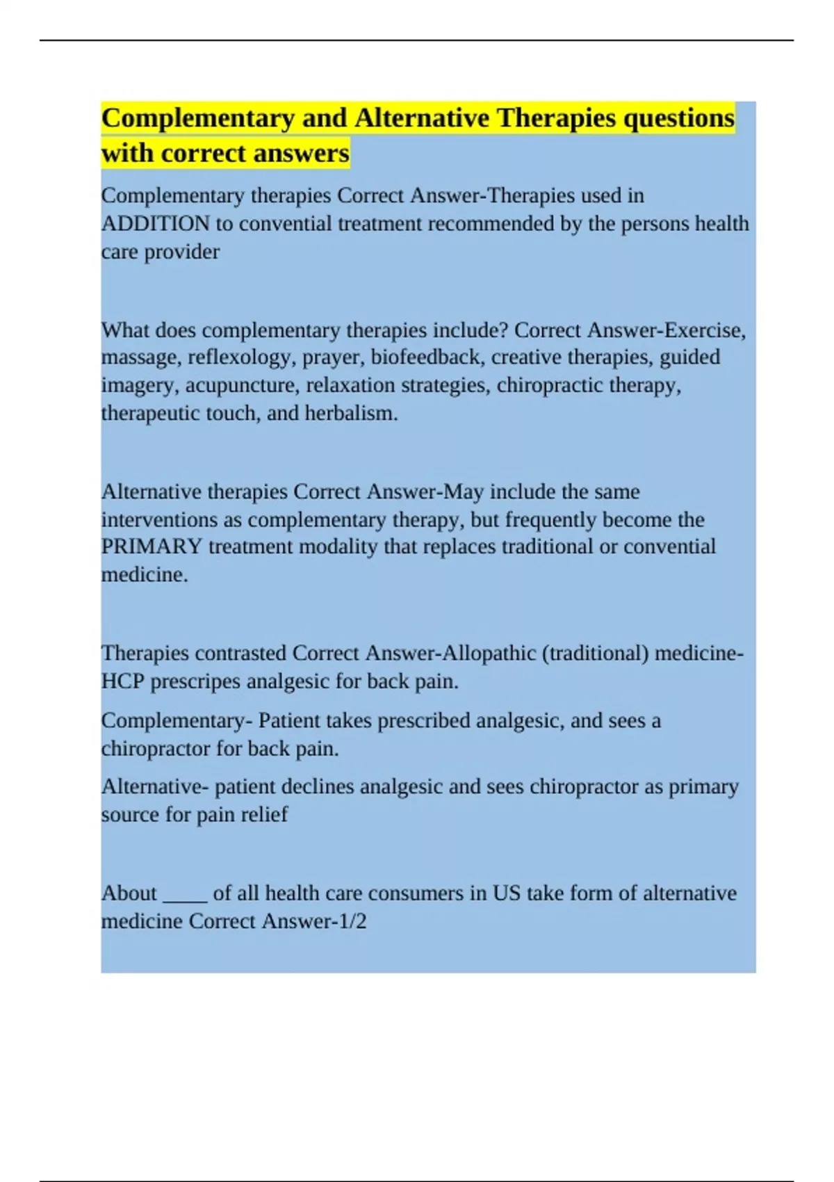 Complementary and Alternative Therapies questions with correct answers ...