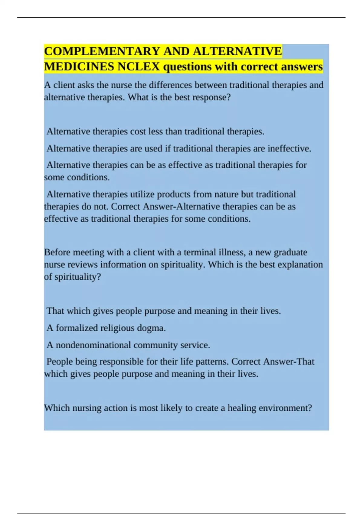 COMPLEMENTARY AND ALTERNATIVE MEDICINES NCLEX questions with correct ...